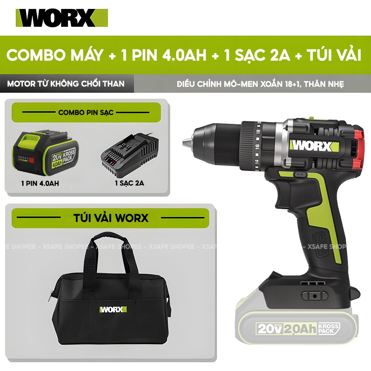 Máy khoan pin 3IN1 WORX WU369 motor không chổi than, mô-men xoắn 60Nm, khoan/khoan búa/vặn siết ...