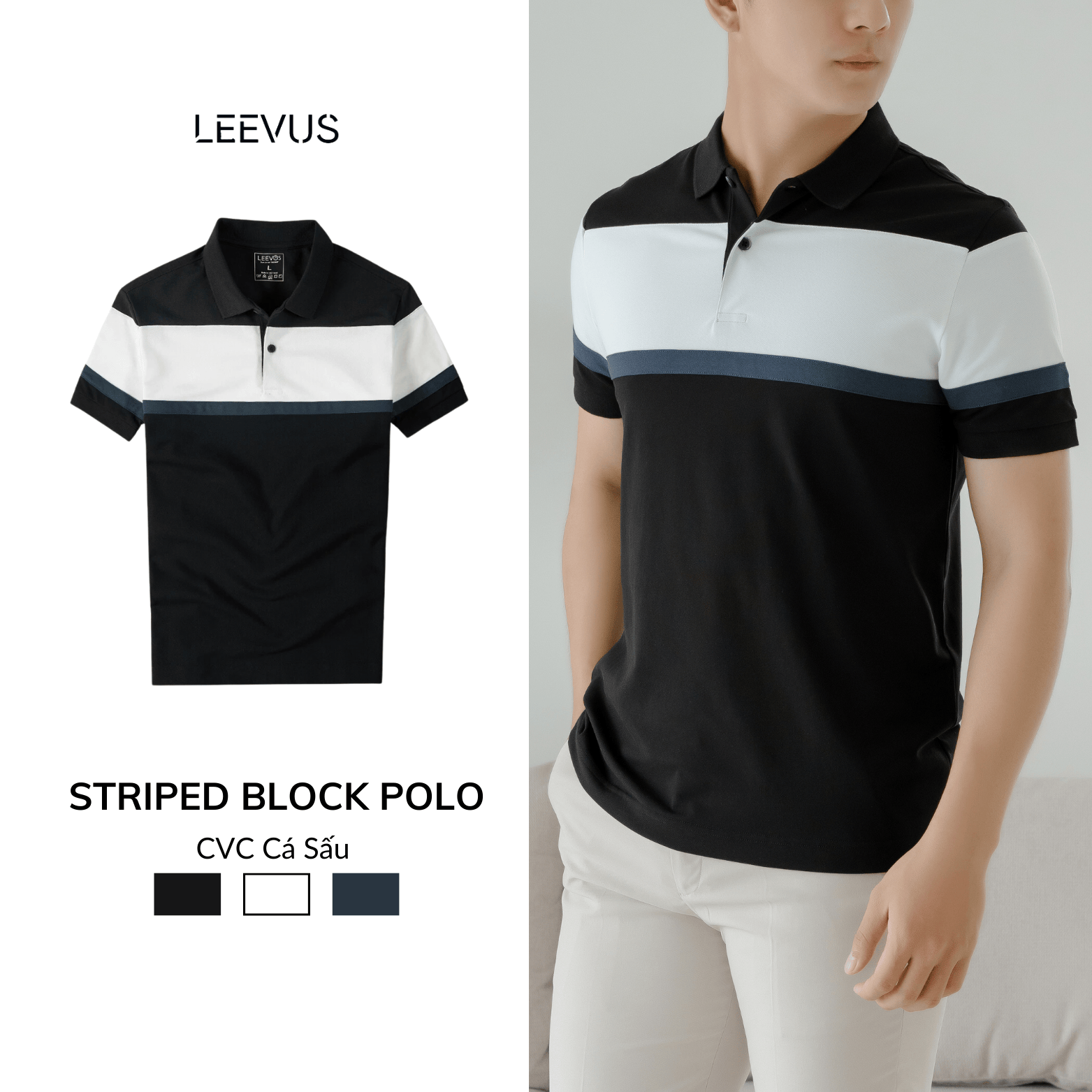 Áo Polo nam STRIPED BLOCK LEEVUS phối màu, vải CVC cá sấu, form regular ...