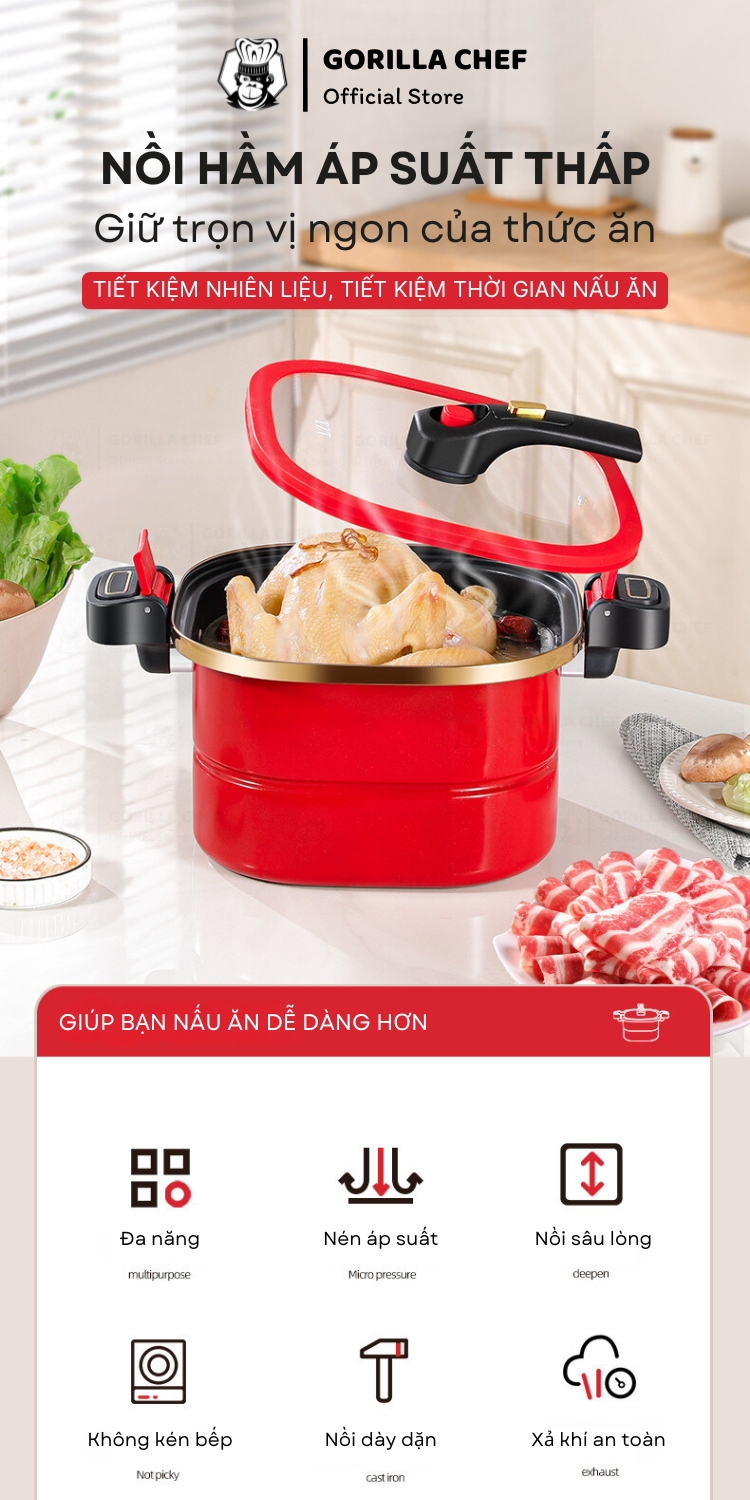 Nồi hầm áp suất thấp phủ Ceramic Gorilla Chef công nghệ Rubik Cube an ...