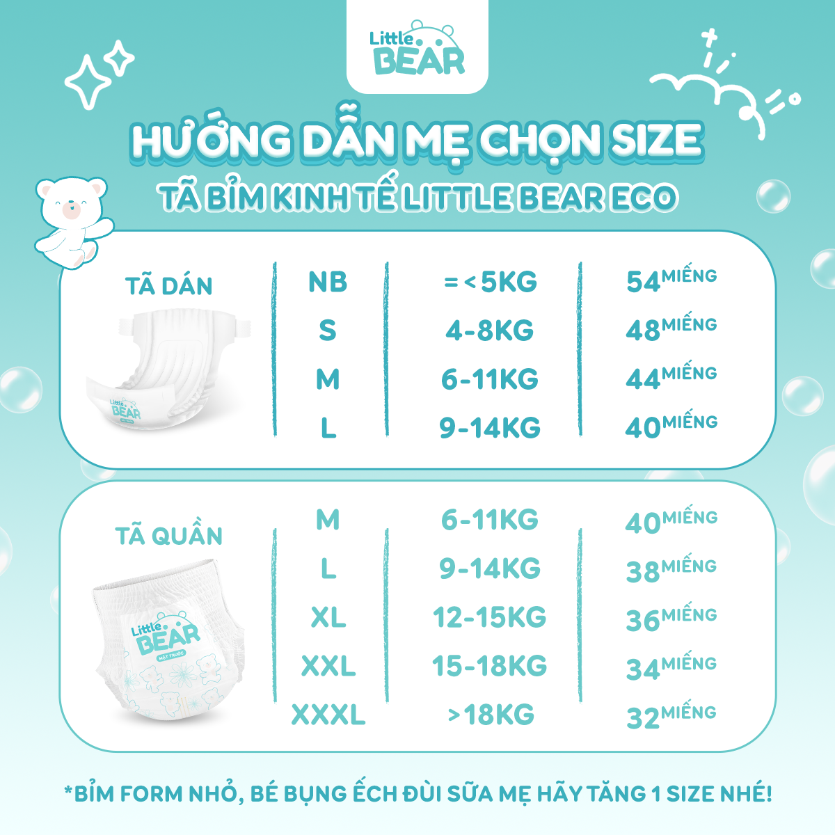 [TẶNG XE CHÒI MÈO Ú] 2 bịch tã bỉm quần/dán LITTLE BEAR ECO mỏng thoáng NB/S/M/L/XL/XXL/XXXL ...