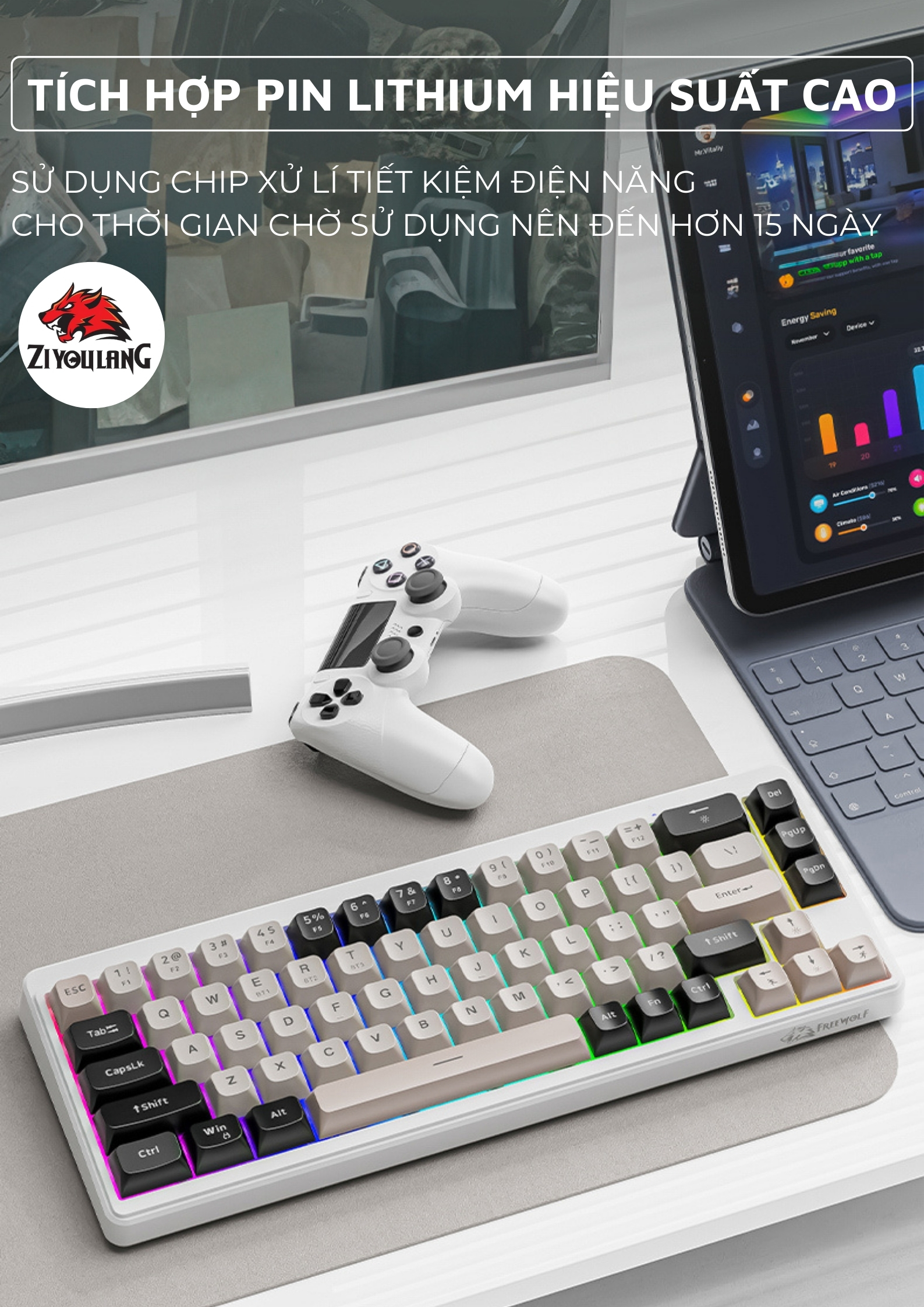 Bàn Phím MINI Không Dây Ziyoulang FreeWolf M68 Full Led 3 Chế Độ Kết Nối Tương Thích Máy Tính ĐT ...