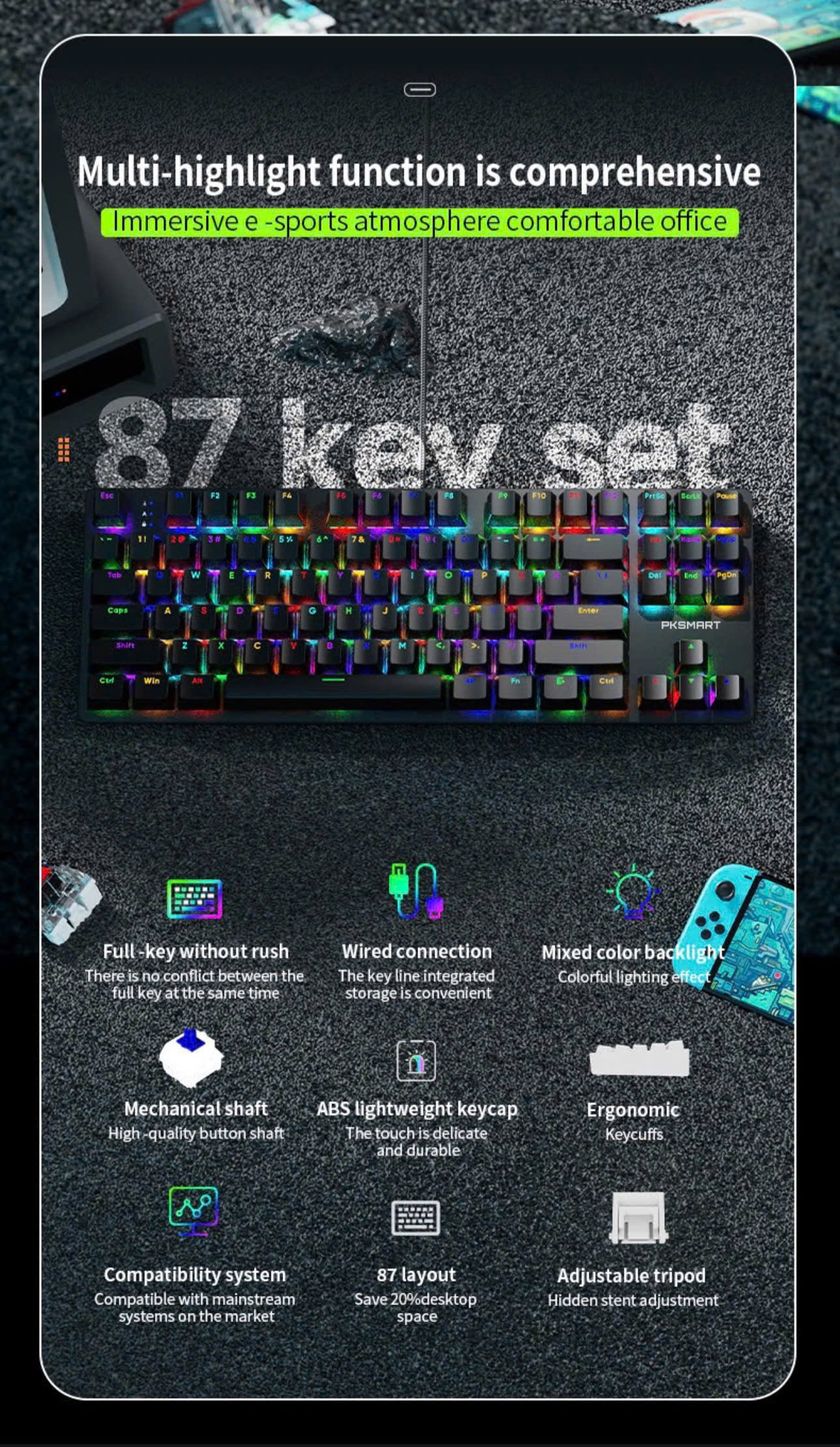 COMBO Bàn Phím Cơ PKSMART K87 + CHUỘT X300 - Có Dây - Hotswap - RED BLUE SWITCH - LED RGB Đổi 8 ...