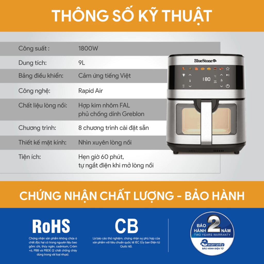 Nồi Chiên Không Dầu BlueStone AFB-5886, Công Suất 1800w - Dung Tích 9 ...