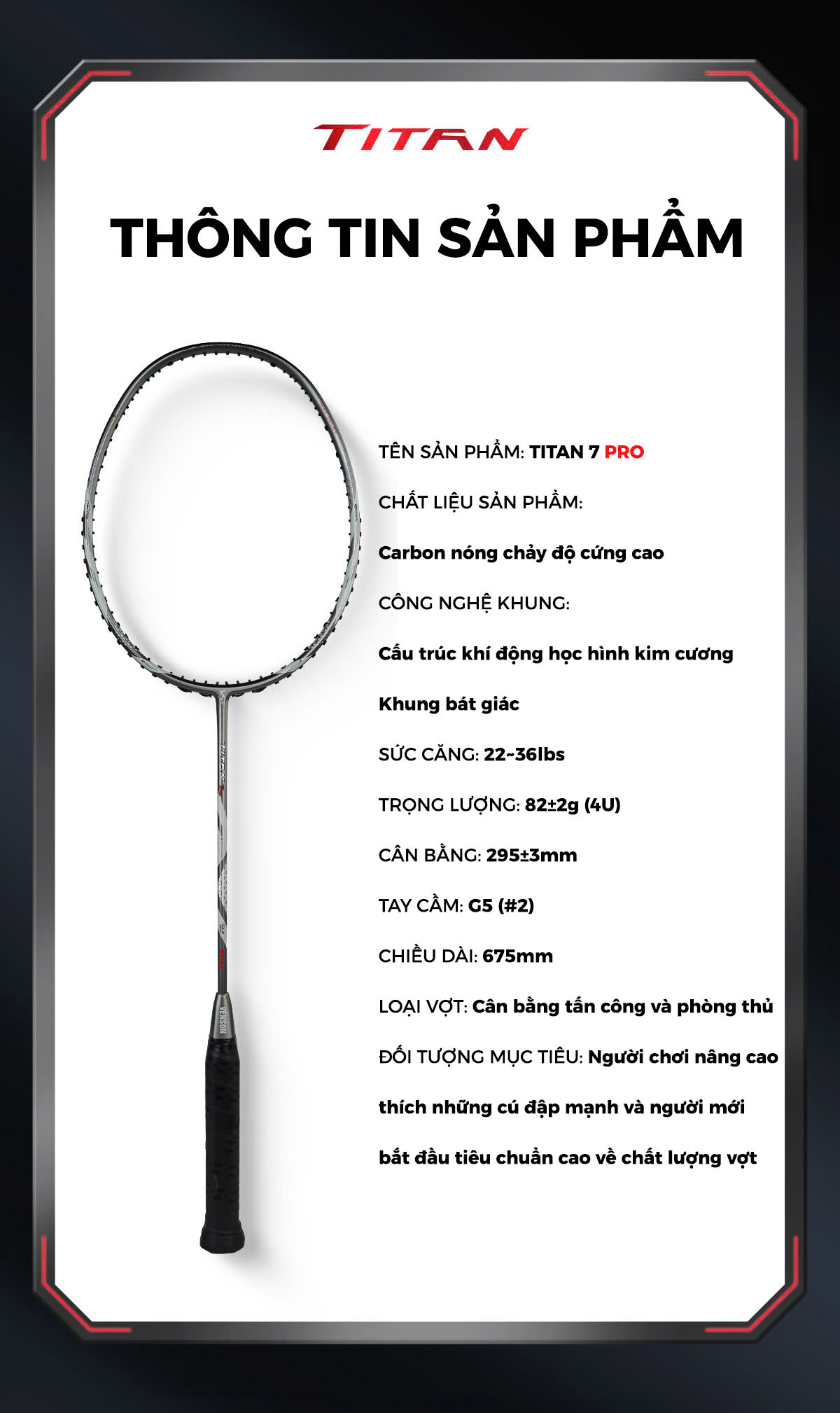 Vợt cầu lông VENSON VS Titan 7 Pro chính hãng mạnh mẽ, bền bỉ phù hợp ...