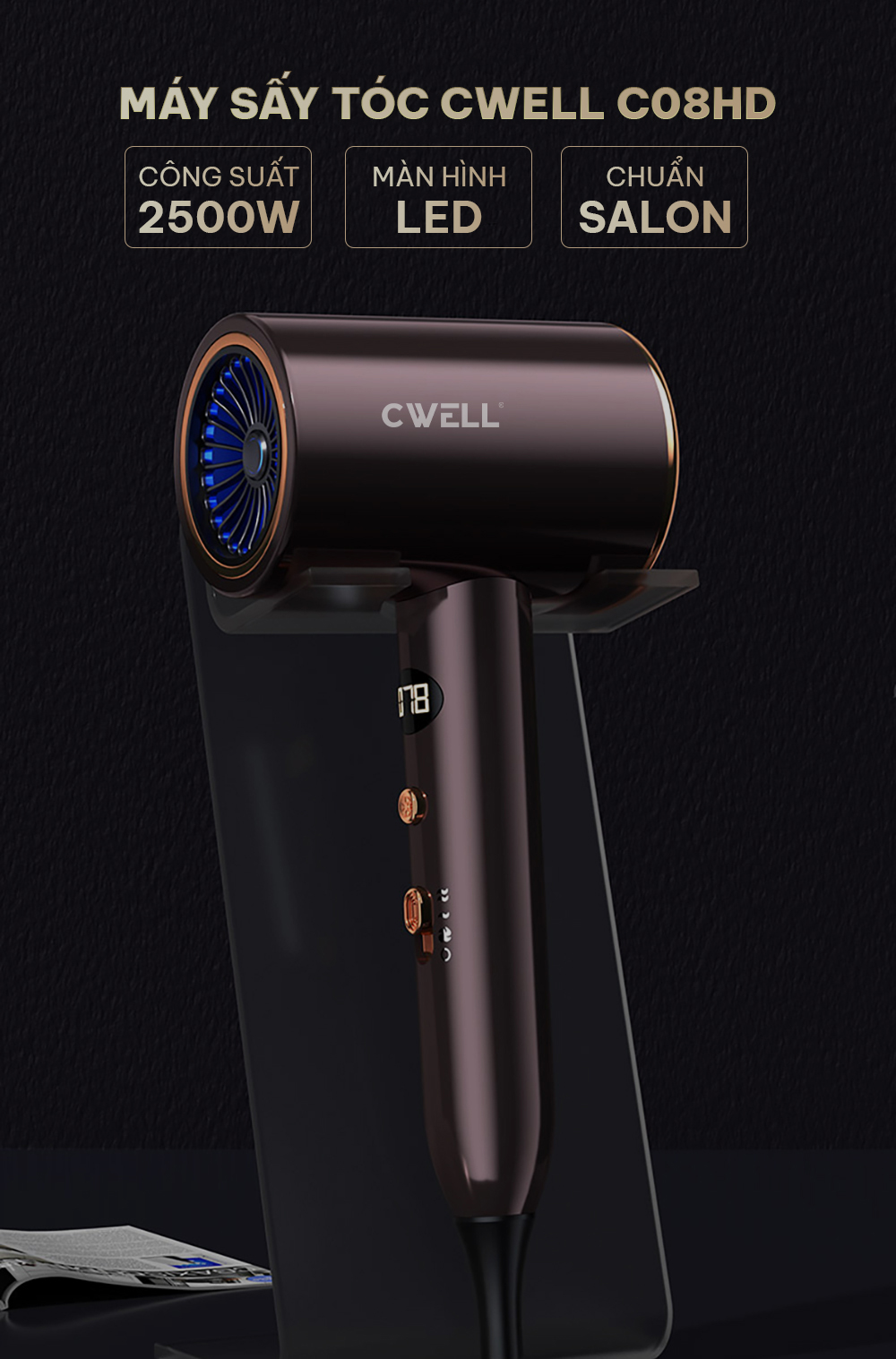 Máy sấy tóc CWell C08HD công suất cao 2500W, có màn hình Led hiển thị ...