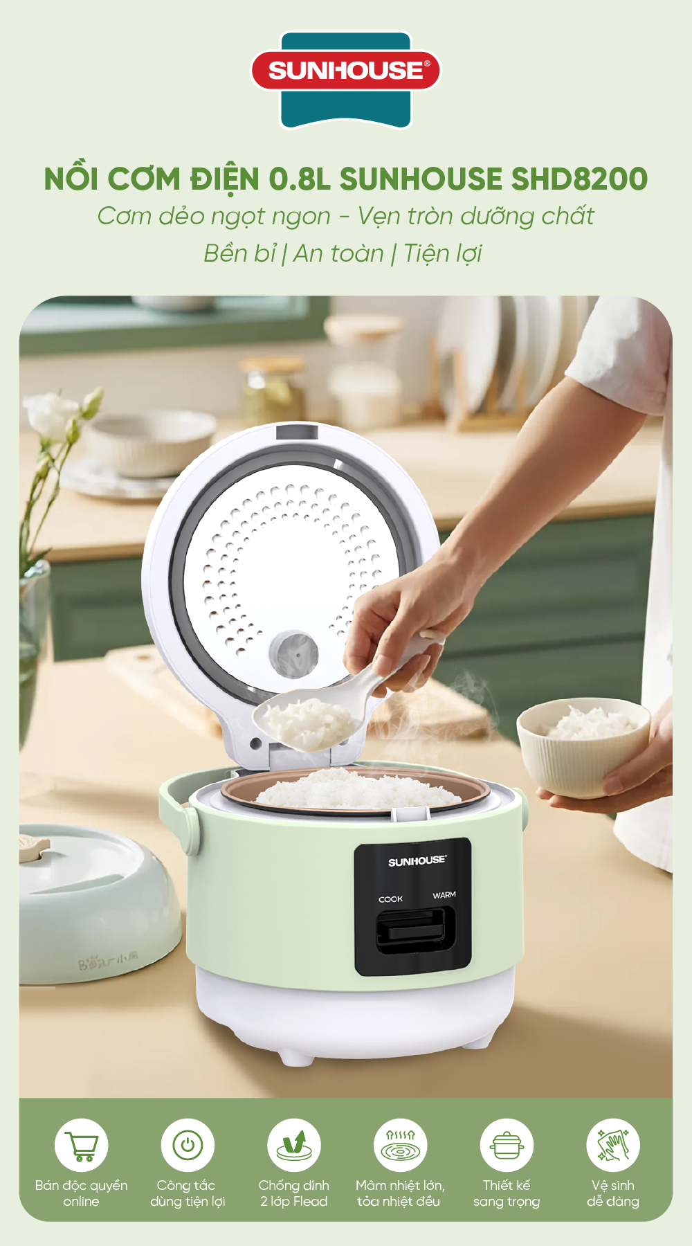 Nồi cơm điện 0.8L Sunhouse SHD8200 - Giữ ấm tới 8 tiếng - Chống dính 2 ...