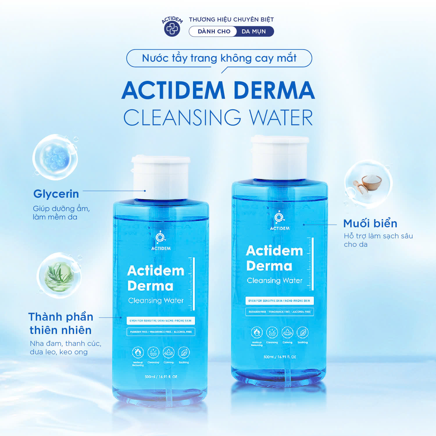 Tẩy trang không cay mắt Actidem Derma Cleansing Water cho da mụn, nhạy ...