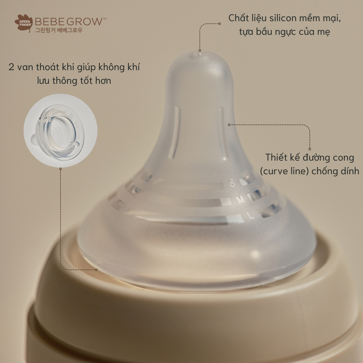 Núm ti Greenfinger Bebegrow Hàn Quốc mềm mại 2 van thoát khí bé bú bình sữa thoải mái SS/S/M/L ...
