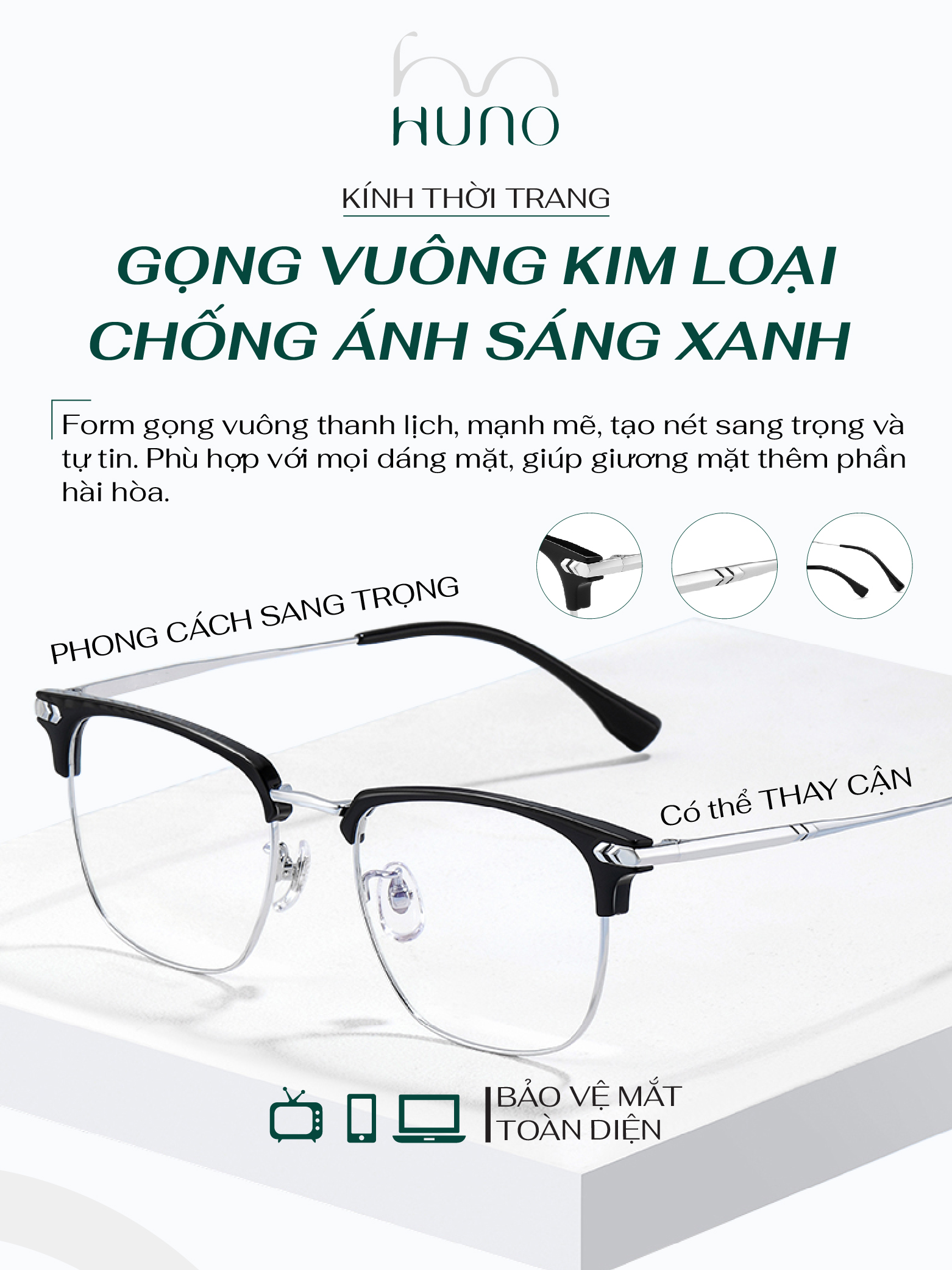 Mắt kính Nam Nữ thời trang HUNO, gọng kính cận nam vuông kim loại cao cấp 0 độ chống ánh sáng ...