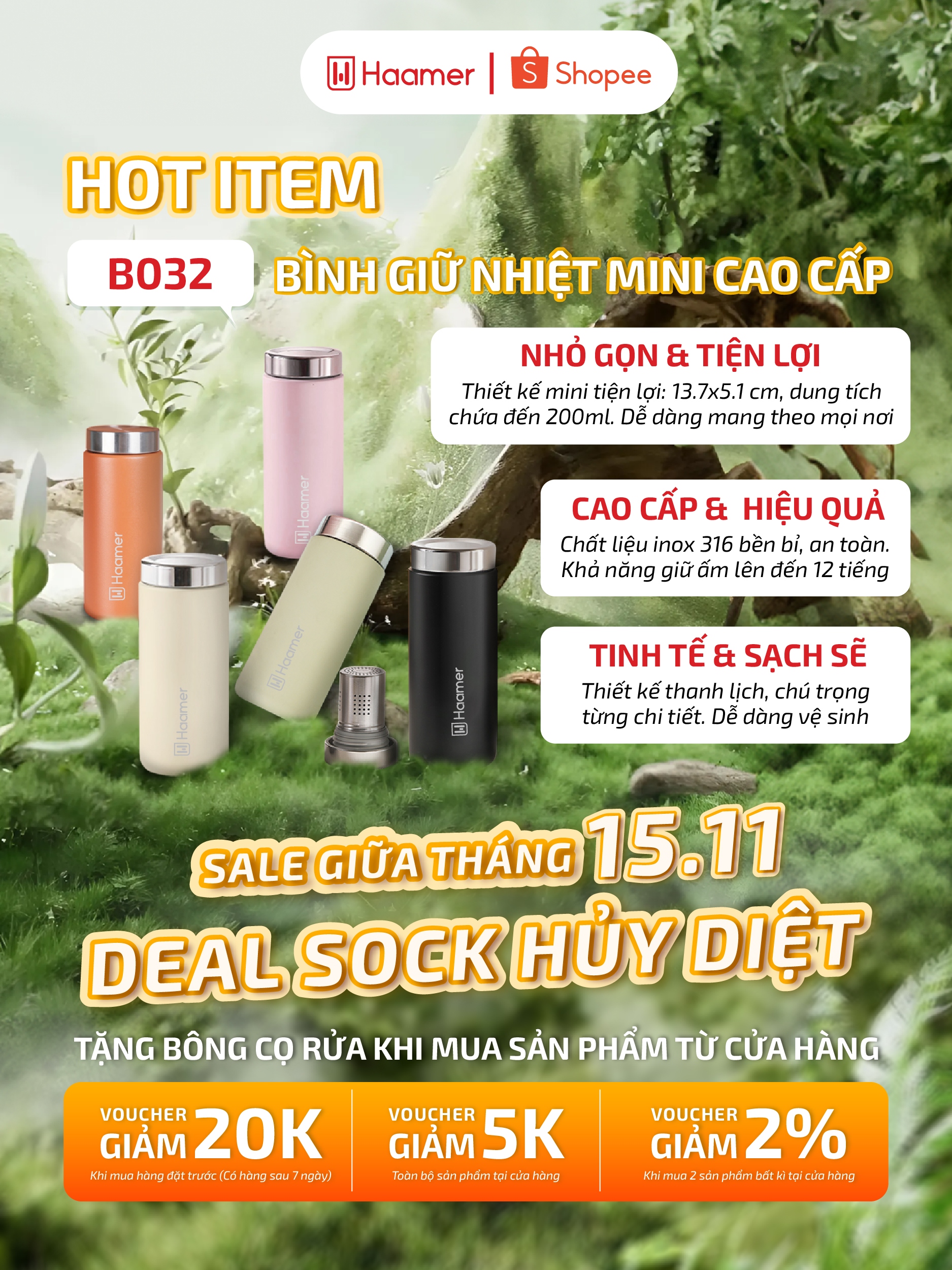 Cốc giữ nhiệt cao cấp Haamer INOX 316 lót gốm an toàn cho sức khỏe giữ ...