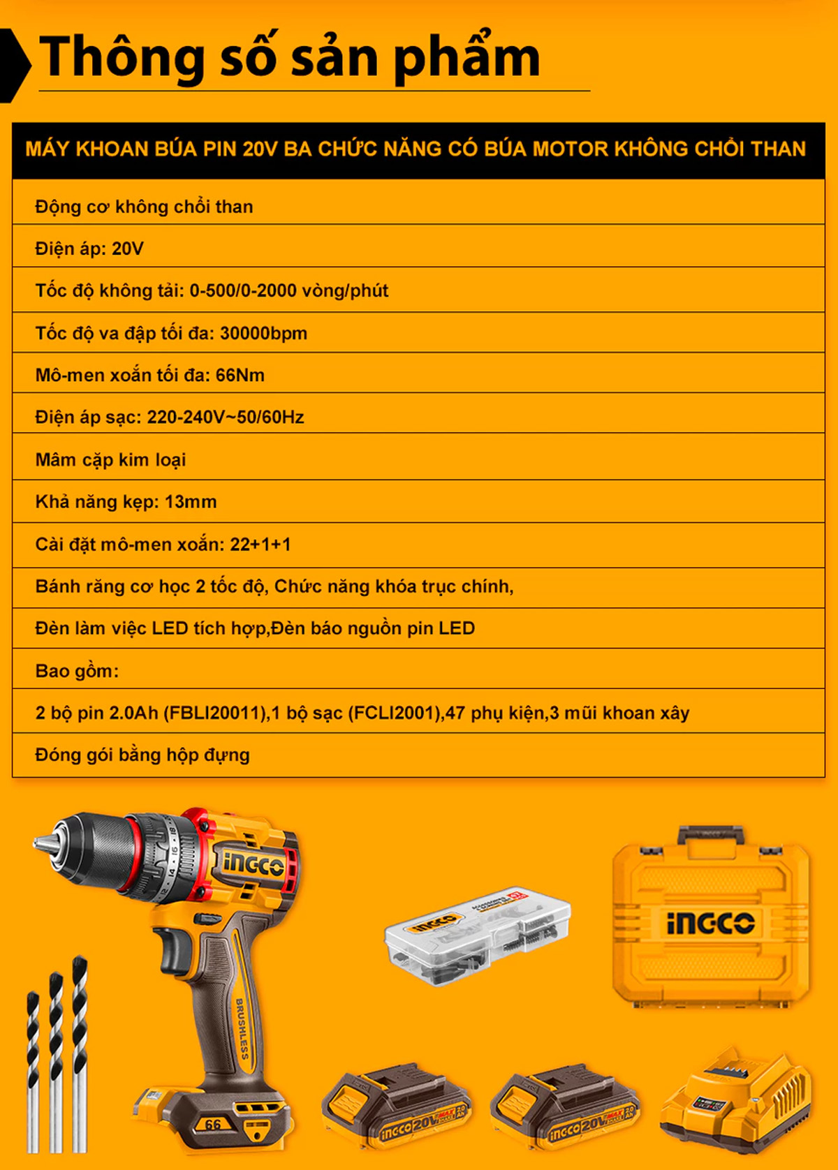 Máy khoan pin ingco 20v có búa 3 chức năng motor không chổi than 66Nm ...