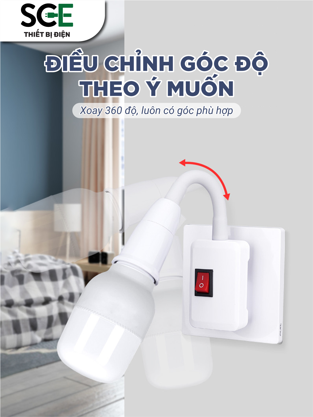 Đui đèn cắm tường E27 xoay 360 độ SCE có công tắc và phích cắm ng.uồn 220v bảo hành 1 năm SCE ...