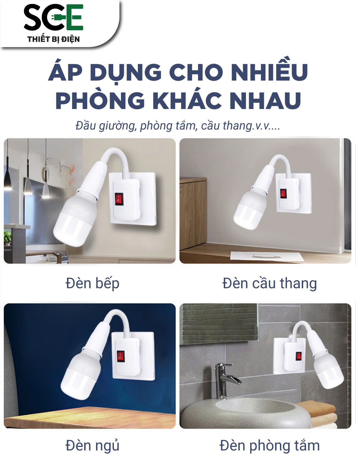 Đui đèn cắm tường E27 xoay 360 độ SCE có công tắc và phích cắm ng.uồn 220v bảo hành 1 năm SCE ...