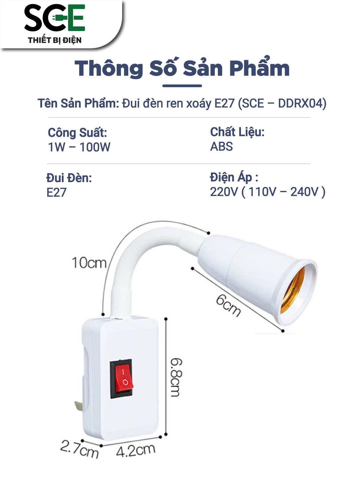 Đui đèn cắm tường E27 xoay 360 độ SCE có công tắc và phích cắm ng.uồn 220v bảo hành 1 năm SCE ...
