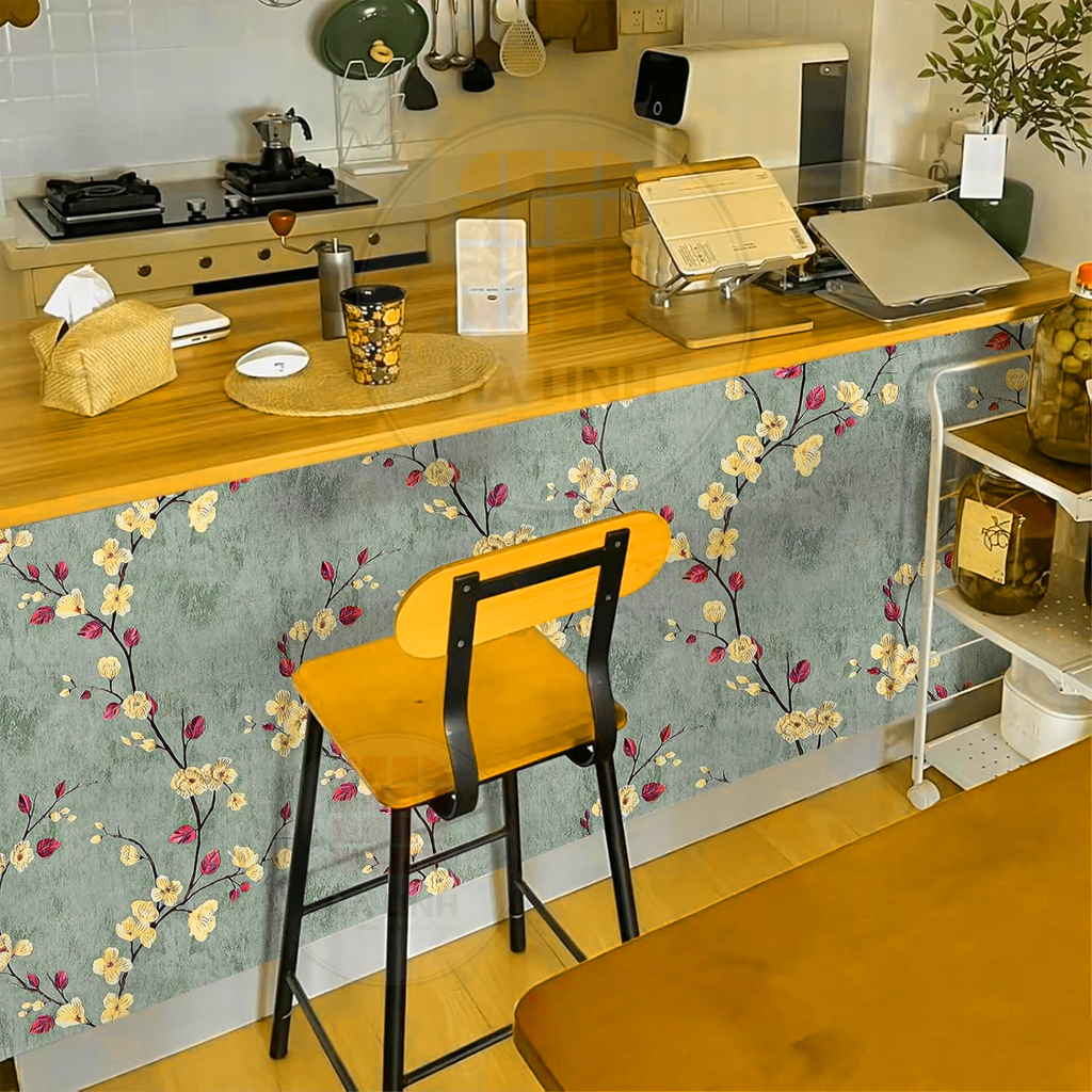 10m Giấy dán tường vintage hoa vàng nhụy đỏ bóc và dán trang trí tường ...