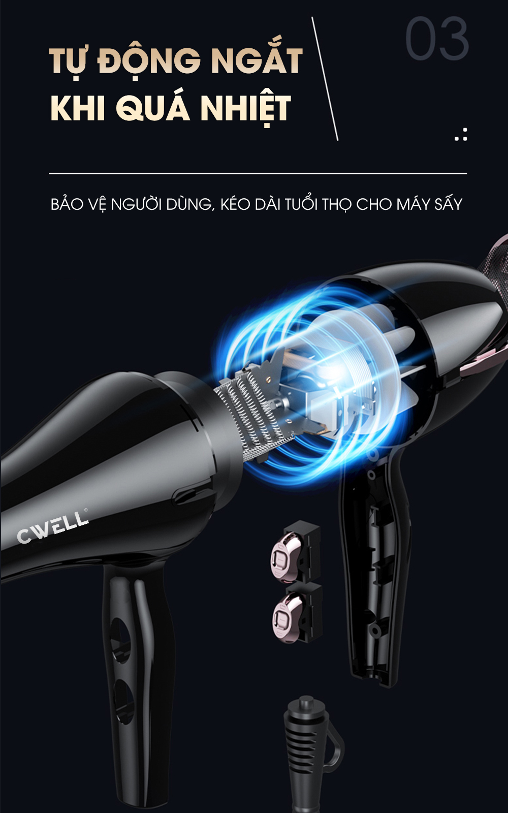 Máy sấy tóc CWELL công suất lớn 1800-2500W, 6 chế độ sấy KÉP, có ánh ...