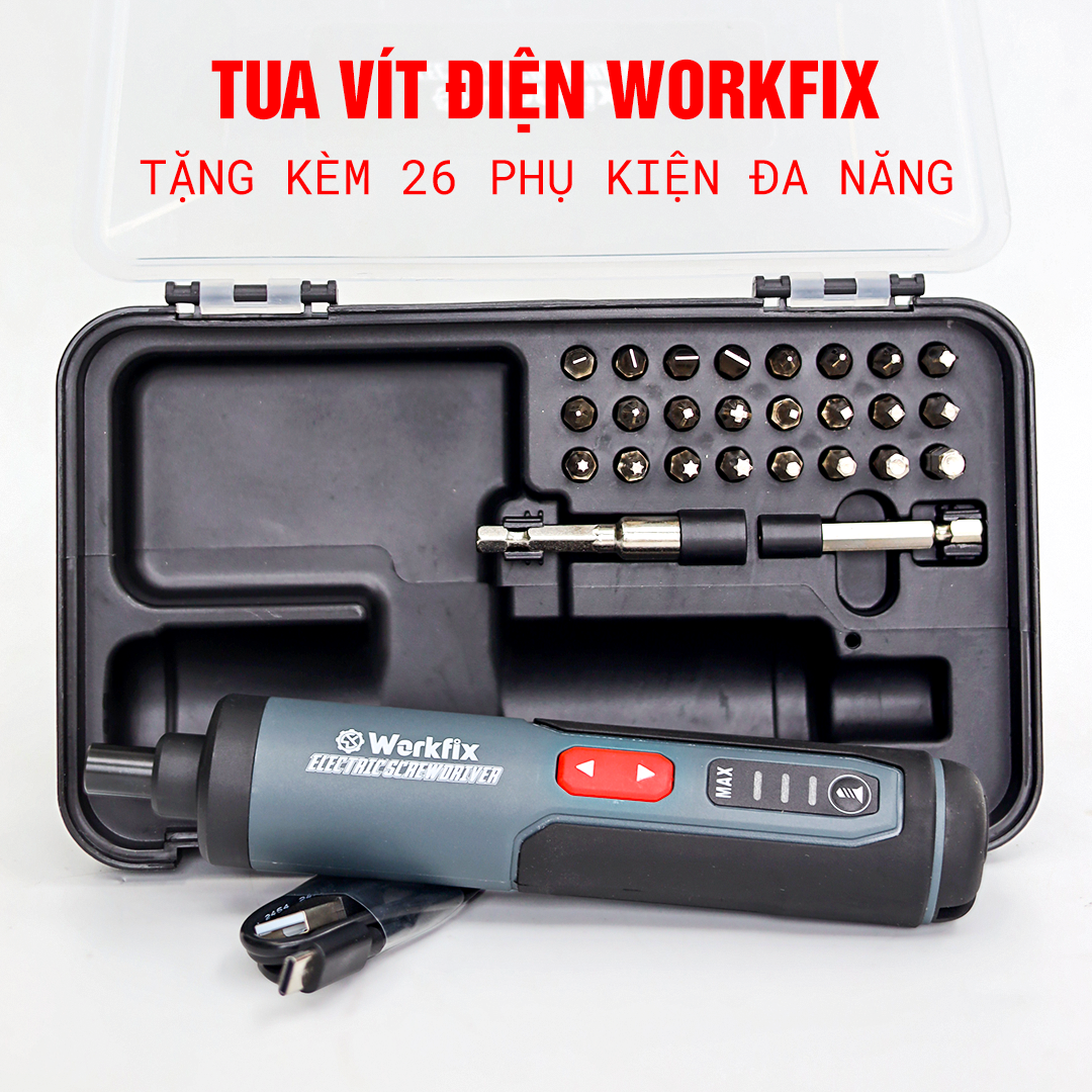 Máy Bắt Vít Mini WORKFIX-SD0405 , Lực siết 5Nm, 3 Tốc độ, kèm 26 món ...