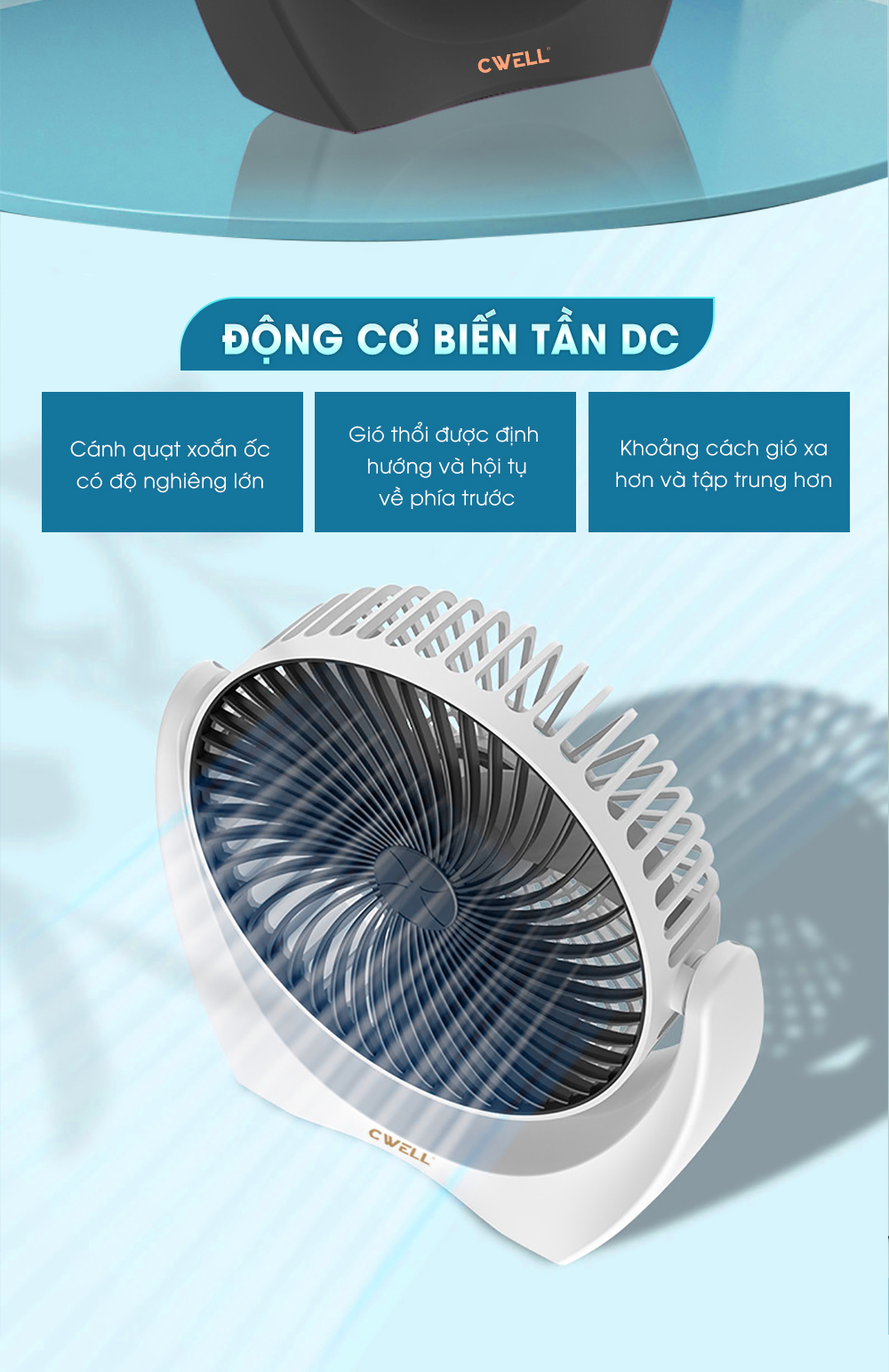 Quạt tích điện mini CWELL pin 10H, 2-3 tốc độ gió mát, xoay linh hoạt ...