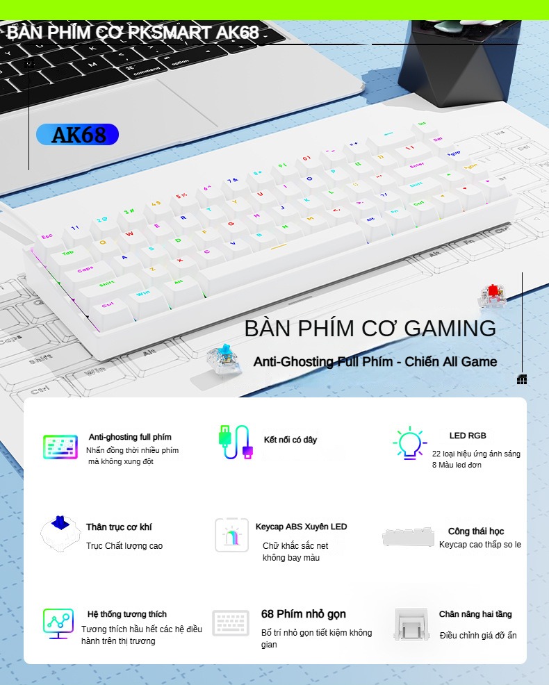 Bàn Phím Cơ Gaming Có Dây - PKSMART-AK68 - Trục Xanh Blue Switch - LED ...