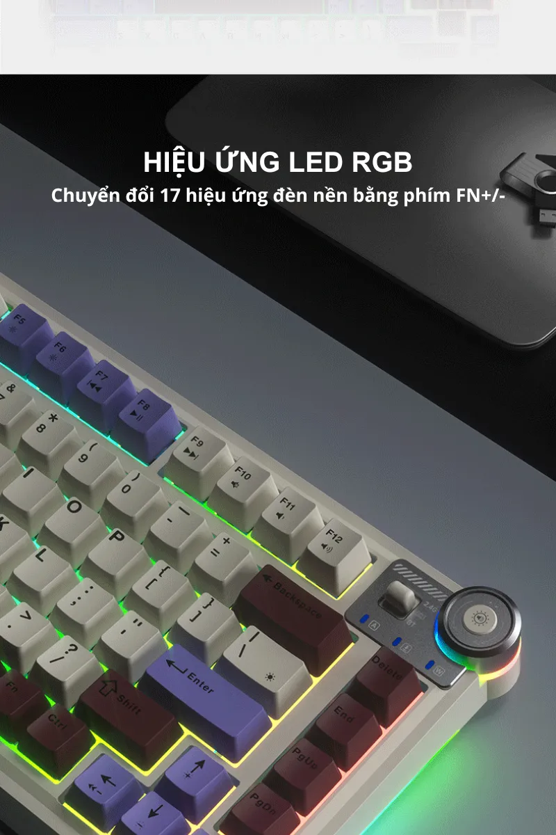 Bàn Phím Cơ Không Dây Núm Xoay AULA AU75 Gaming Hotswap 5 Pin 3 Mode Kết Nối Bluetooth Led Viền ...