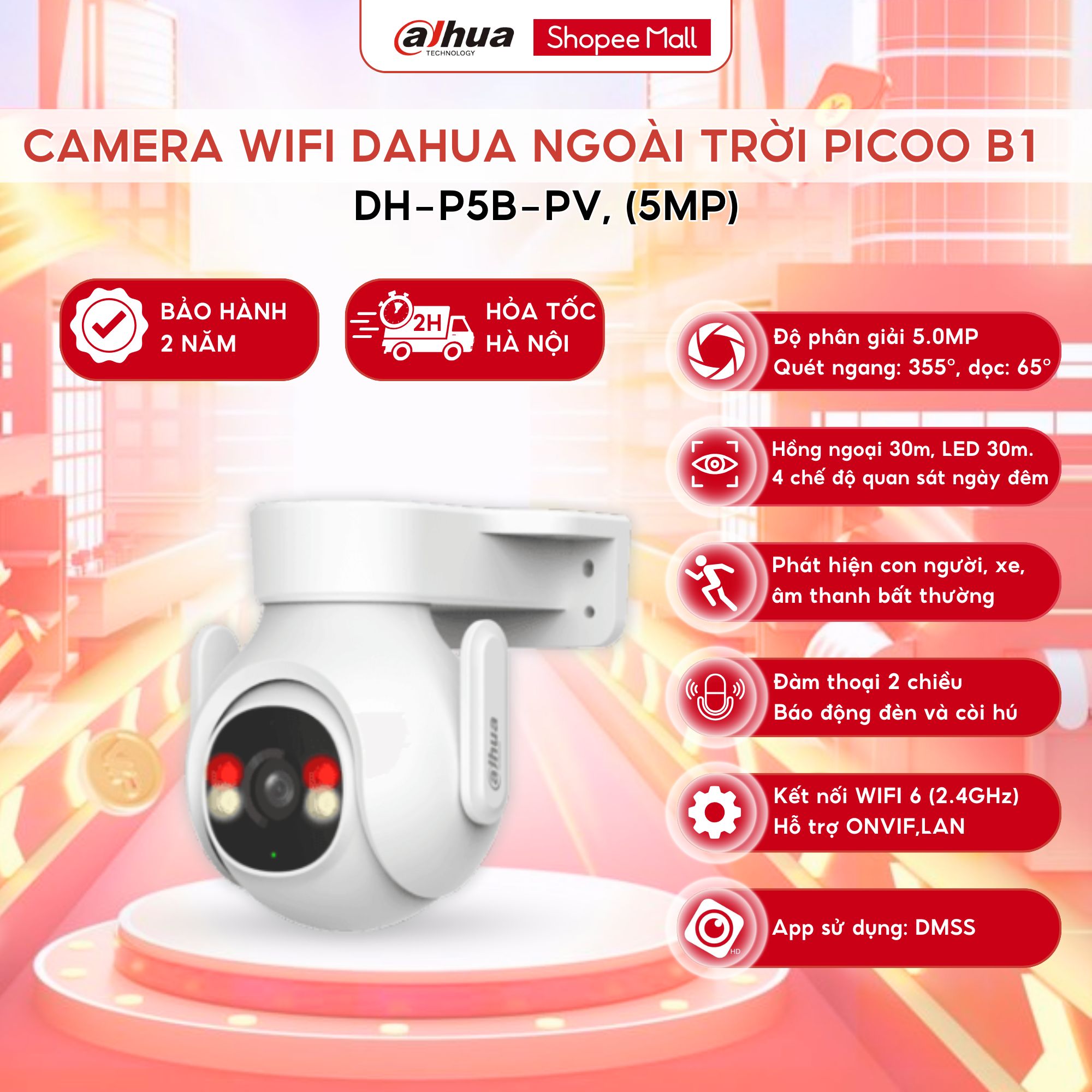 Camera Wifi ngoài trời DAHUA Picoo B1 DH-P5B-PV/ DH-P3B-PV Quay quét ...