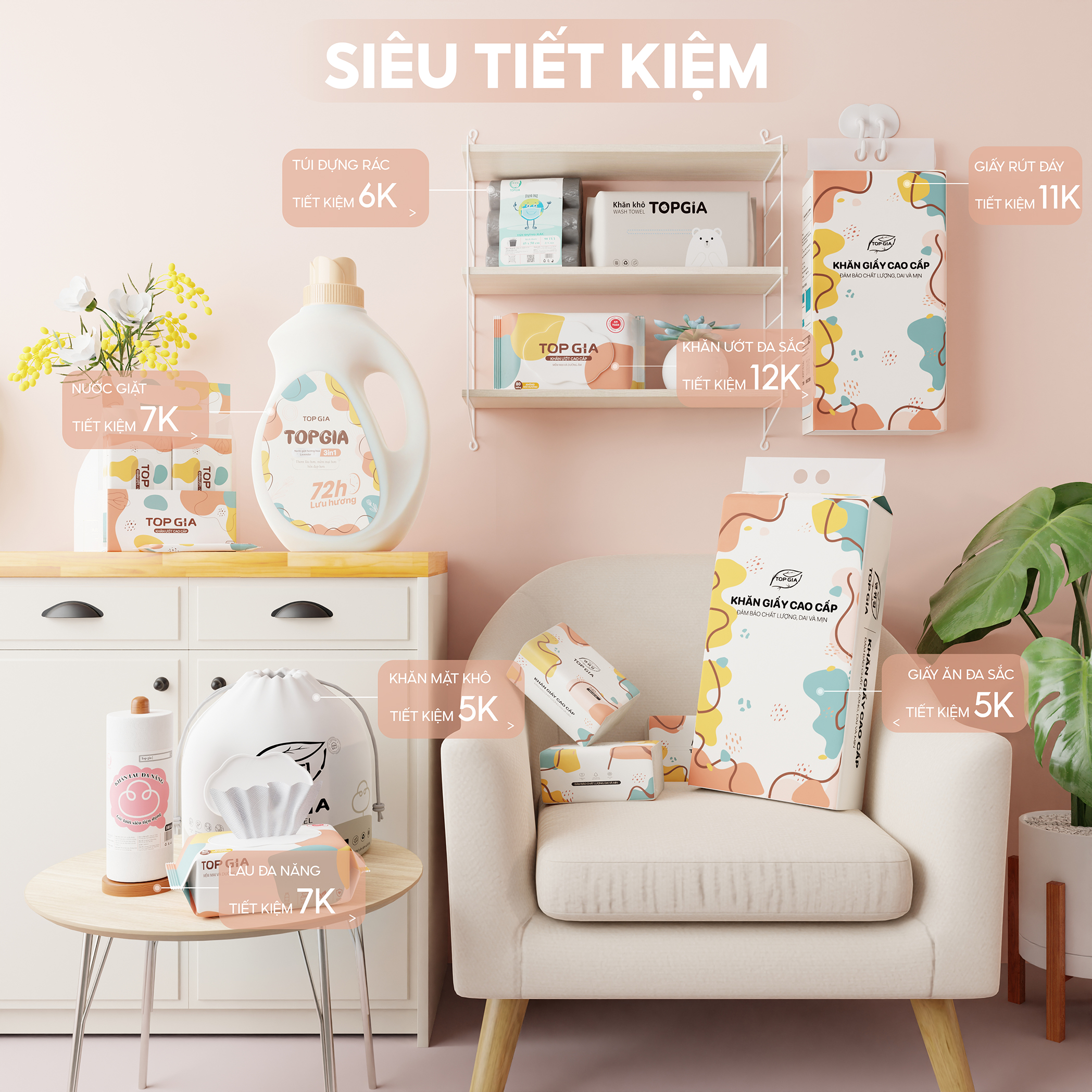 Giấy ăn rút Topgia thùng 40 gói đa sắc cao cấp 240 tờ 4 lớp, dập vân 4D ...