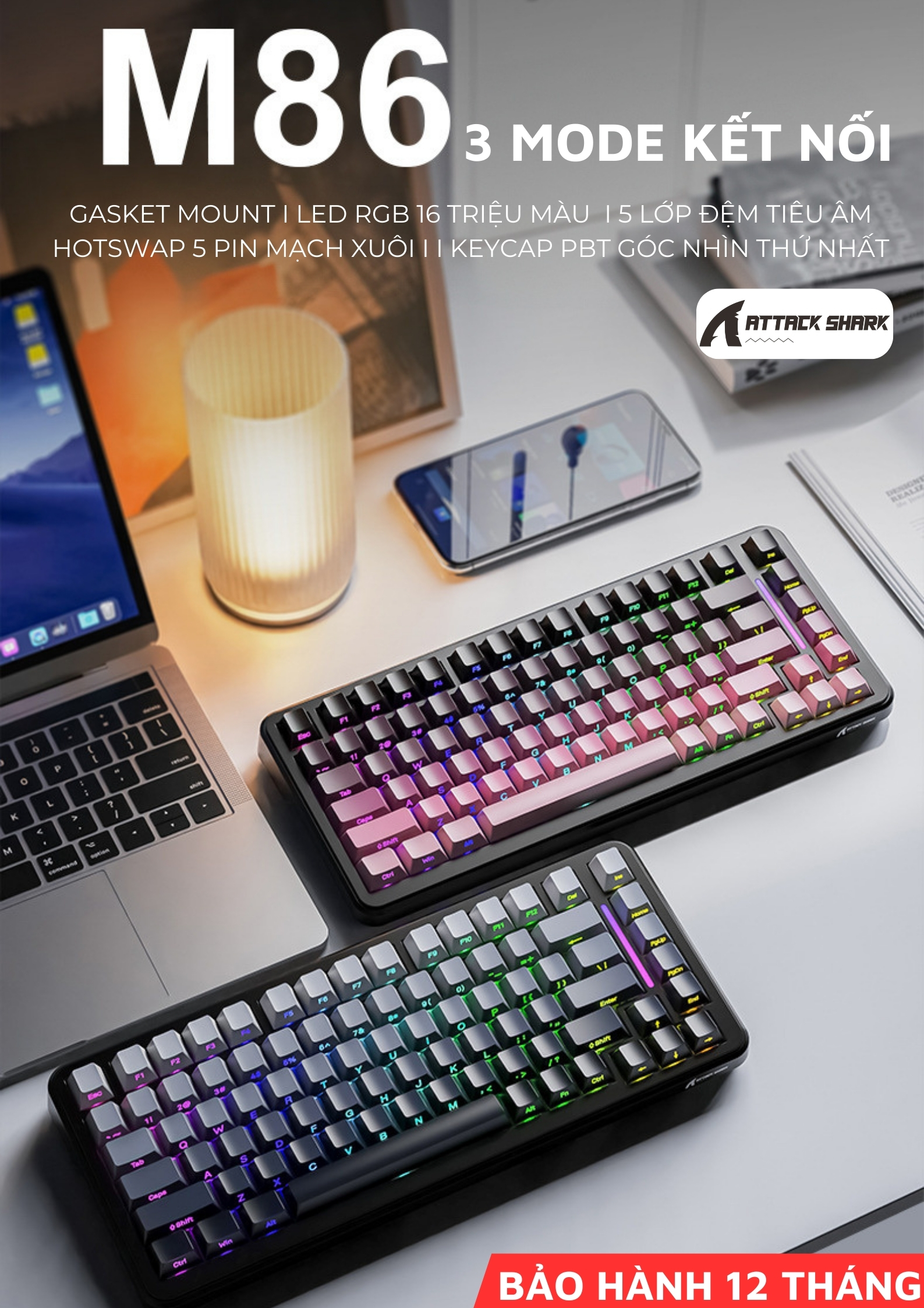 Bàn Phím Cơ Không Dây Attack Shark M86 PRO Trục Cơ Strawberry Switch Gõ Cực Êm App Tùy Chỉnh LED ...