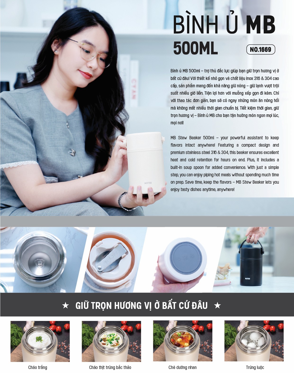 Bình ủ Inox Matsu MB (1669) 500ml, kèm muỗng, DUY TÂN, inox 316 304 nhựa PP, giữ nhiệt vượt trội ...