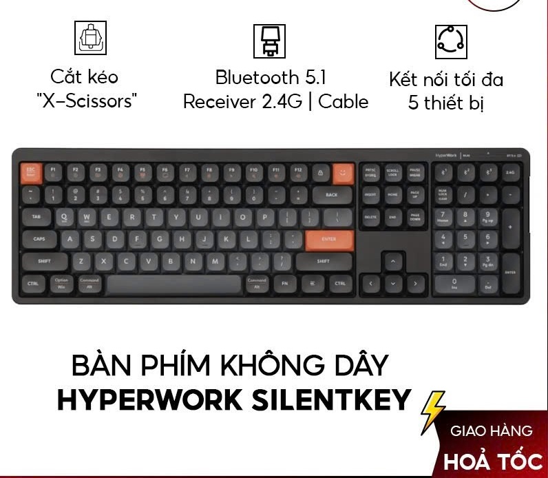 Bàn phím không dây HyperWork SilentKey TS01 (Đa kết nối Bluetooth 5.1 ...