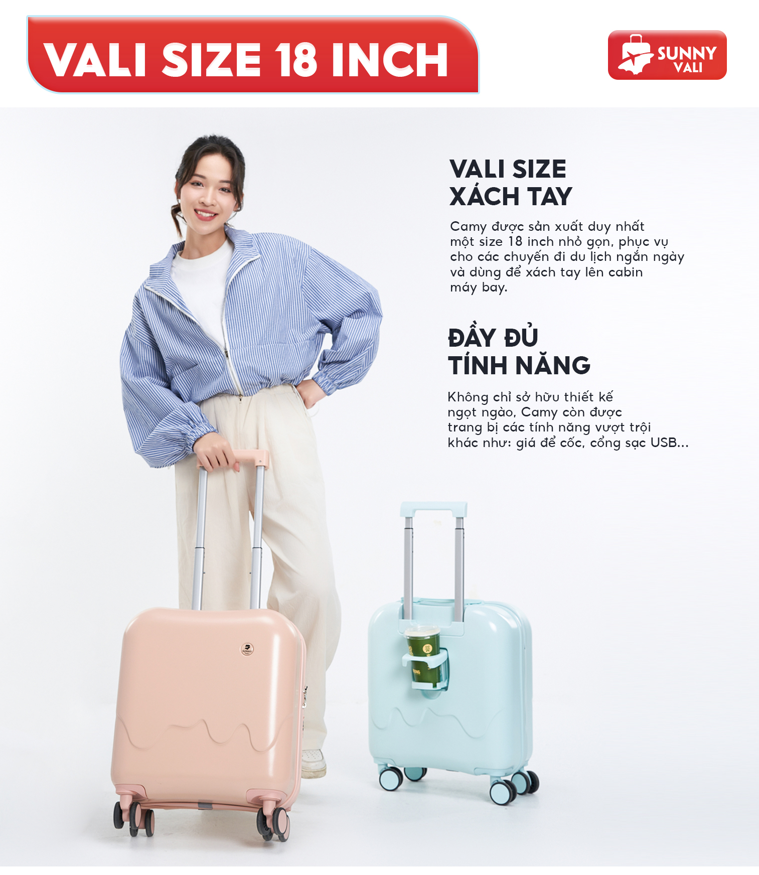 Vali size 18 inch Sunny - SB01 CAMI ( 3 màu - 1 size) | Shopee Việt Nam