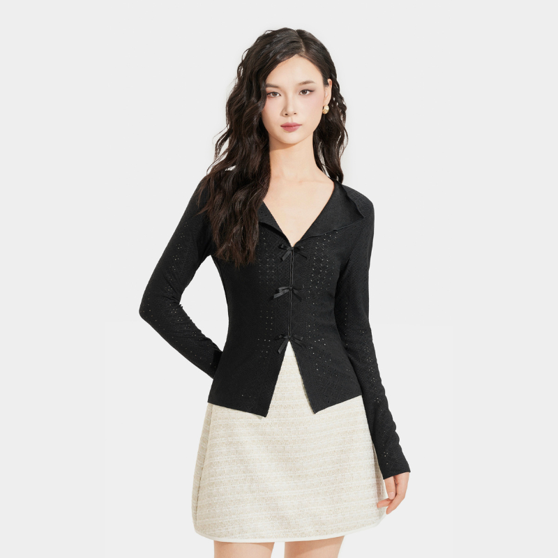 MARC FASHION Áo Thun Thêu Tay Dài Cổ Tim Đính Nơ Thân Trước ...