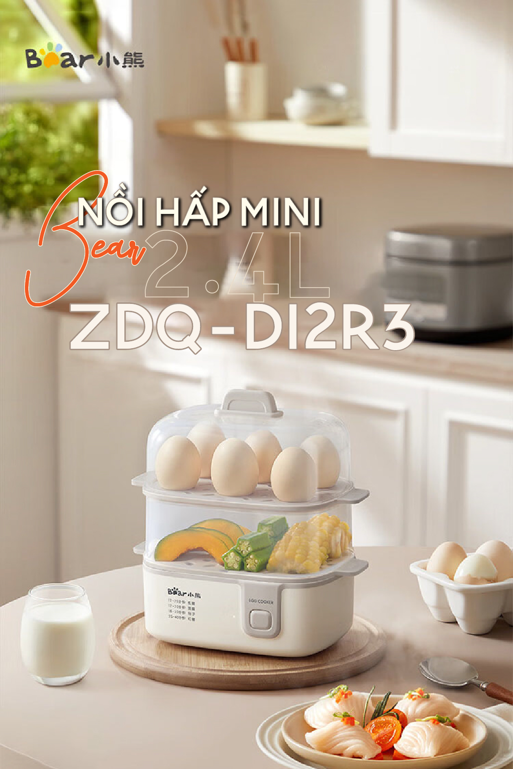 Nồi Hấp Điện Mini 2 Tầng Bear ZDQ-D12R3-P02, 270W, Hấp Cách Thủy Không Mùi, Văn Phòng, BH 18 ...
