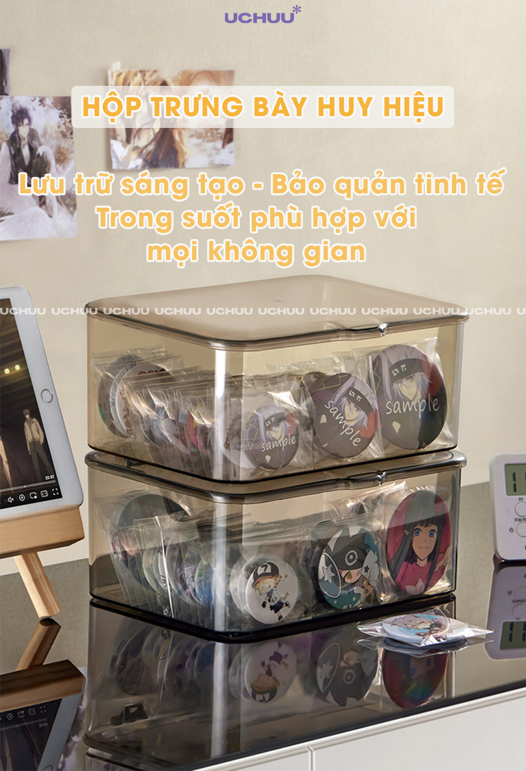 Hộp Trưng Bày Huy Hiệu UCHUU, Khay Bảo Quản Badge Pin Gài, Nail Box ...