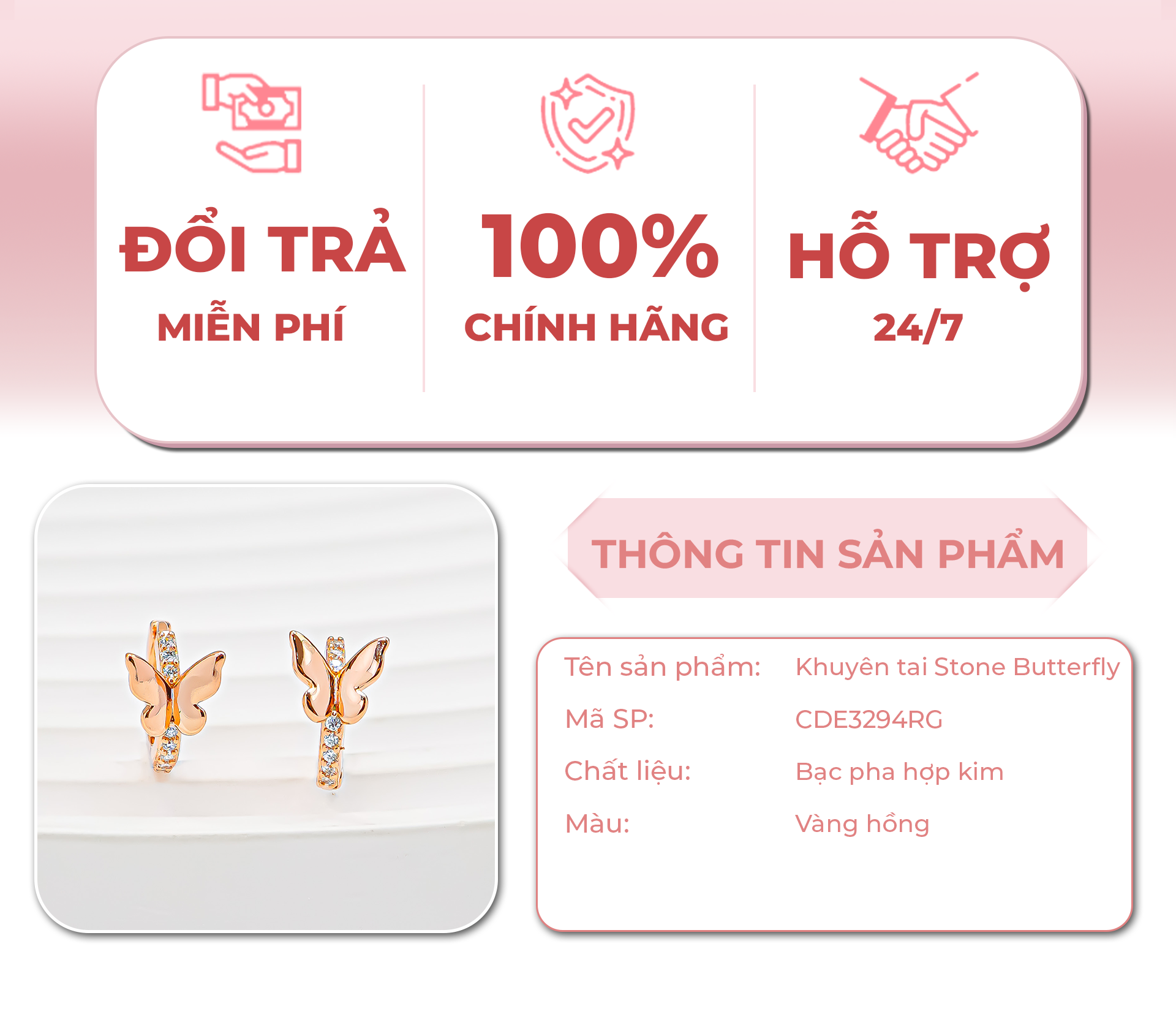 Khuyên tai nữ CDE Stone Butterfly Earrings Rose Gold CDE3294RG | Shopee ...