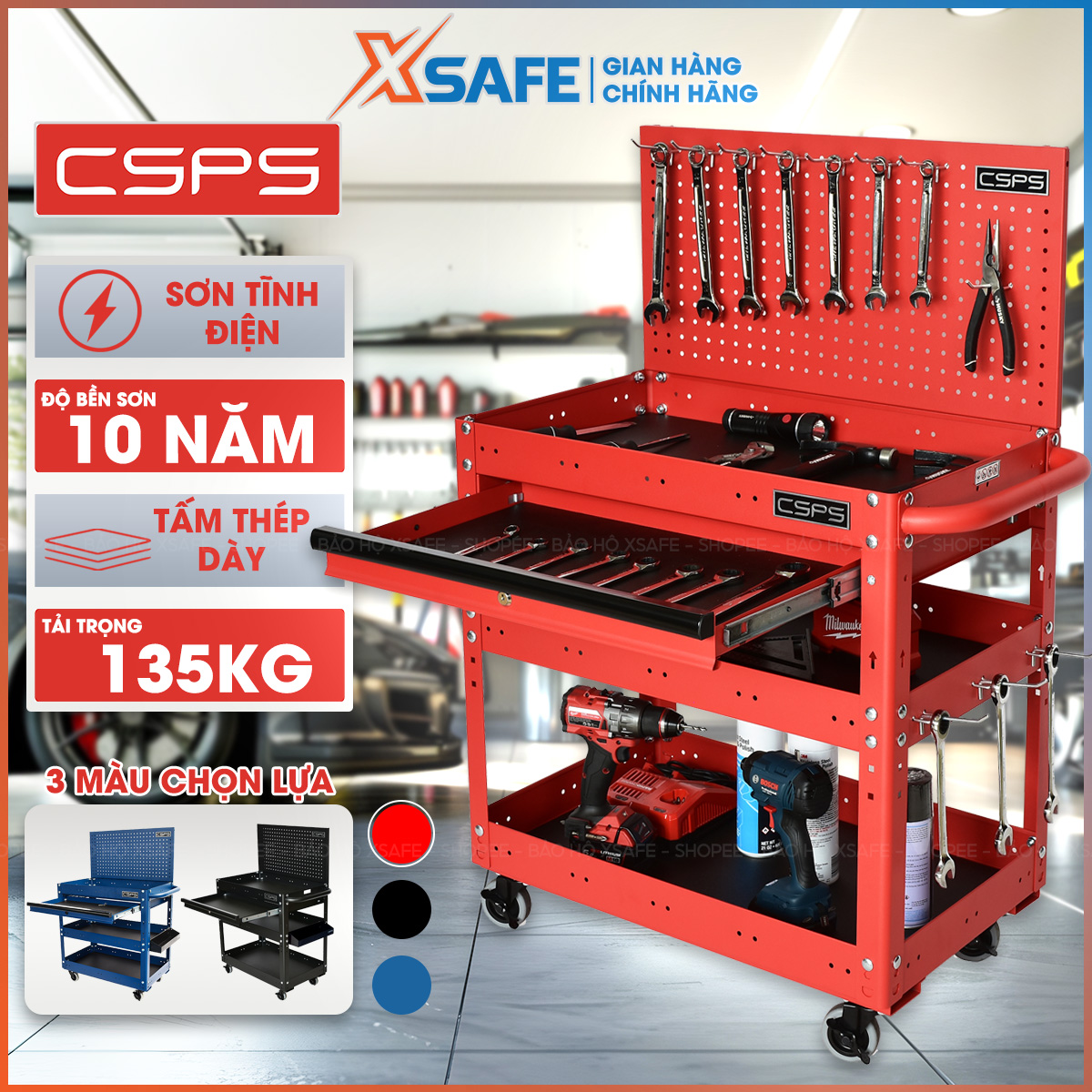 Xe đẩy 3 tầng CSPS tải trọng 135kg, 4 bánh xoay có khóa, 2 màu đen/đỏ, phân loại hộc kéo, vách ...