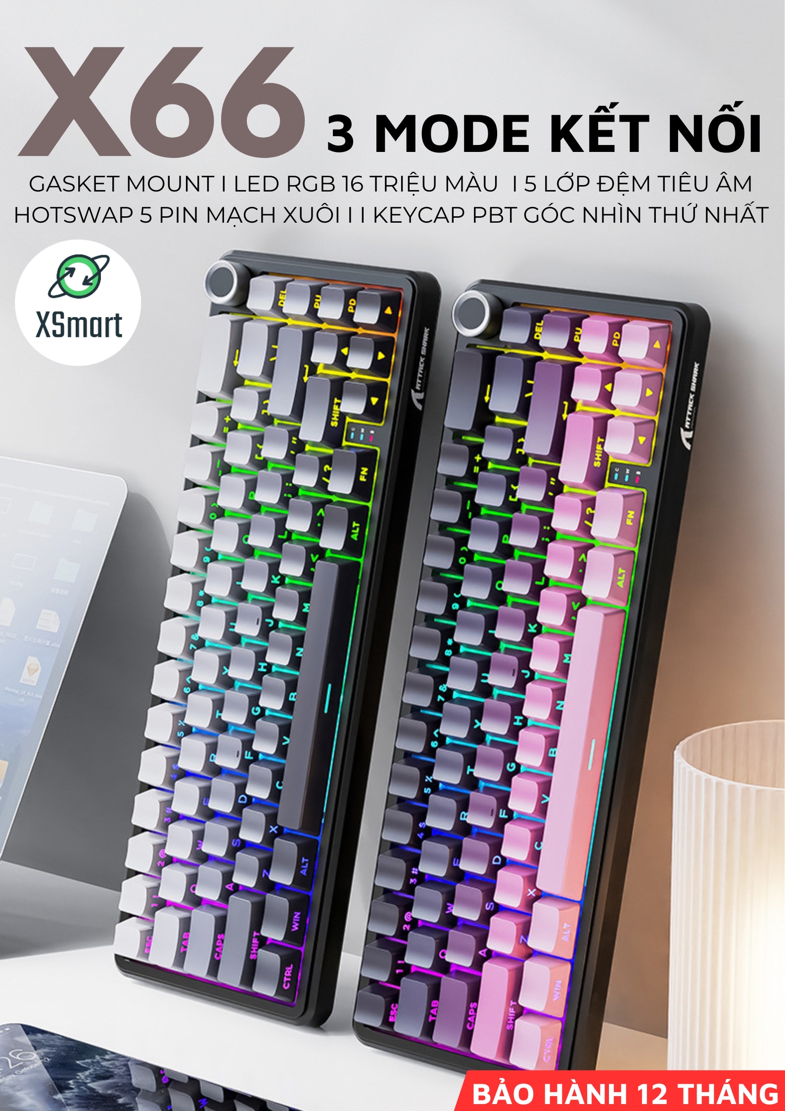 Bàn Phím Cơ Không Dây Bluetooth Mini Attack Shark X66 Núm Xoay Media 3 ...