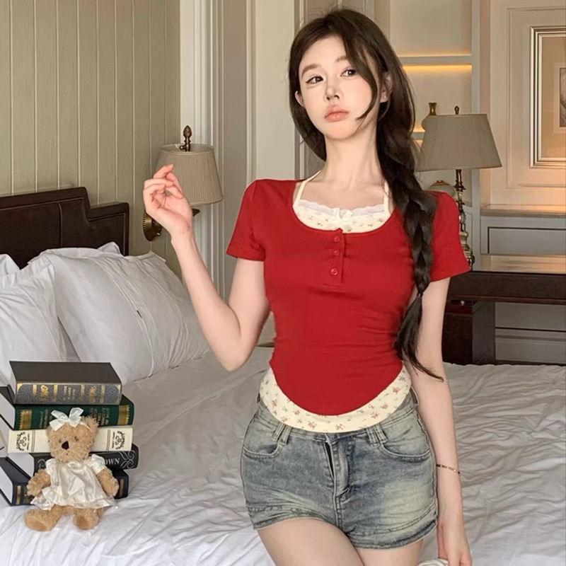 Áo croptop đỏ tết noel chất thun gân phối yếm hoa siêu xinh VANISA ...