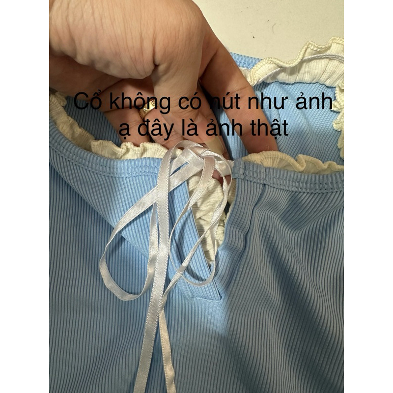 Áo kiểu phối bèo ren đen trắng xanh cột dây sang trọng chất thun tăm ...