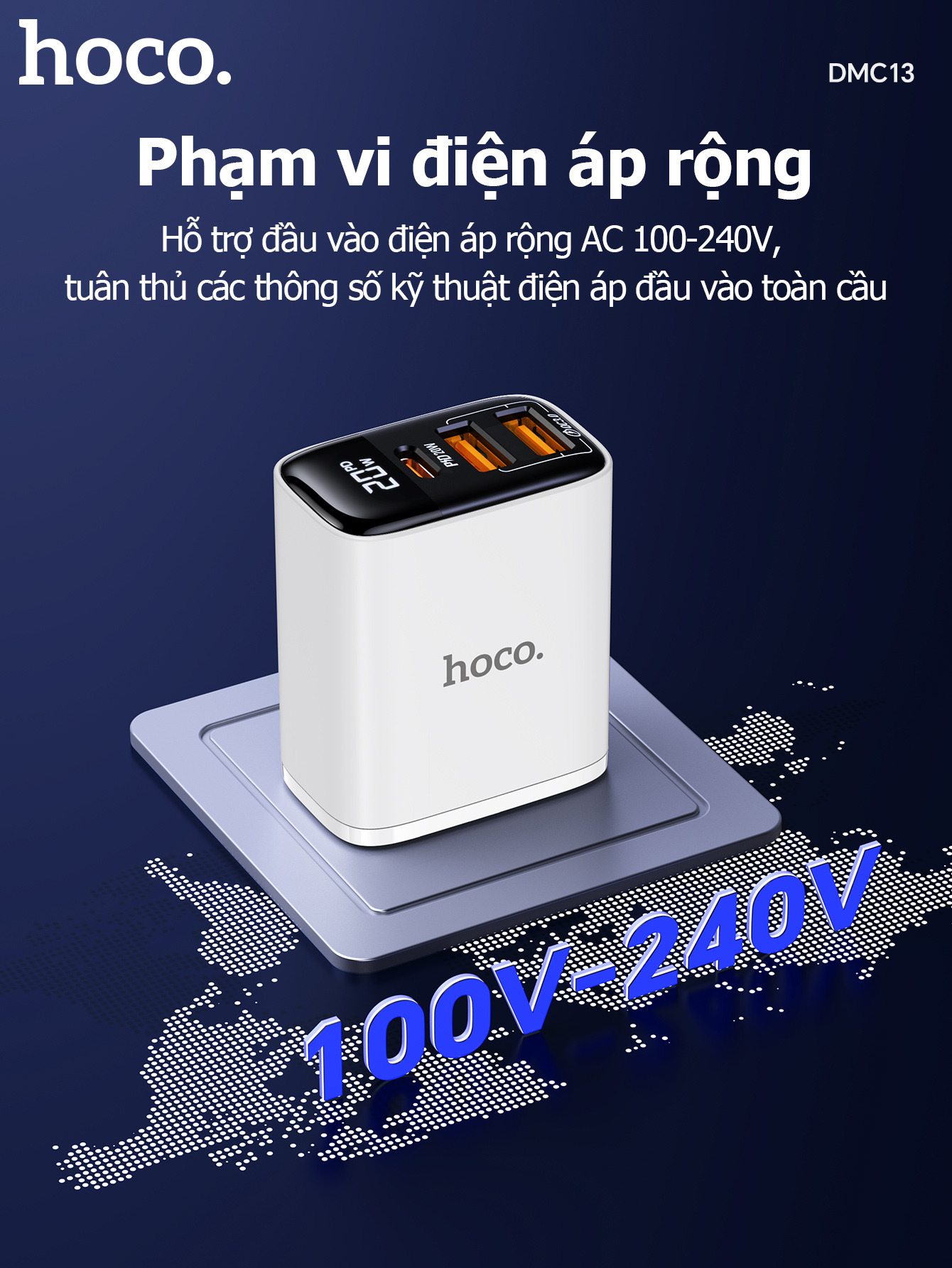 Củ sạc Hoco DMC13 sạc nhanh 20w cổng 2 USB + Type C, chân cắm dẹp, có ...