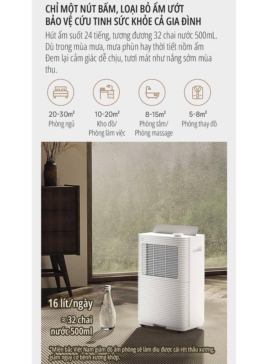 Máy hút ẩm lọc không khí, sấy quần áo thông minh miLife 16L, Công suất 16L/ngày Bảo hành 12 ...