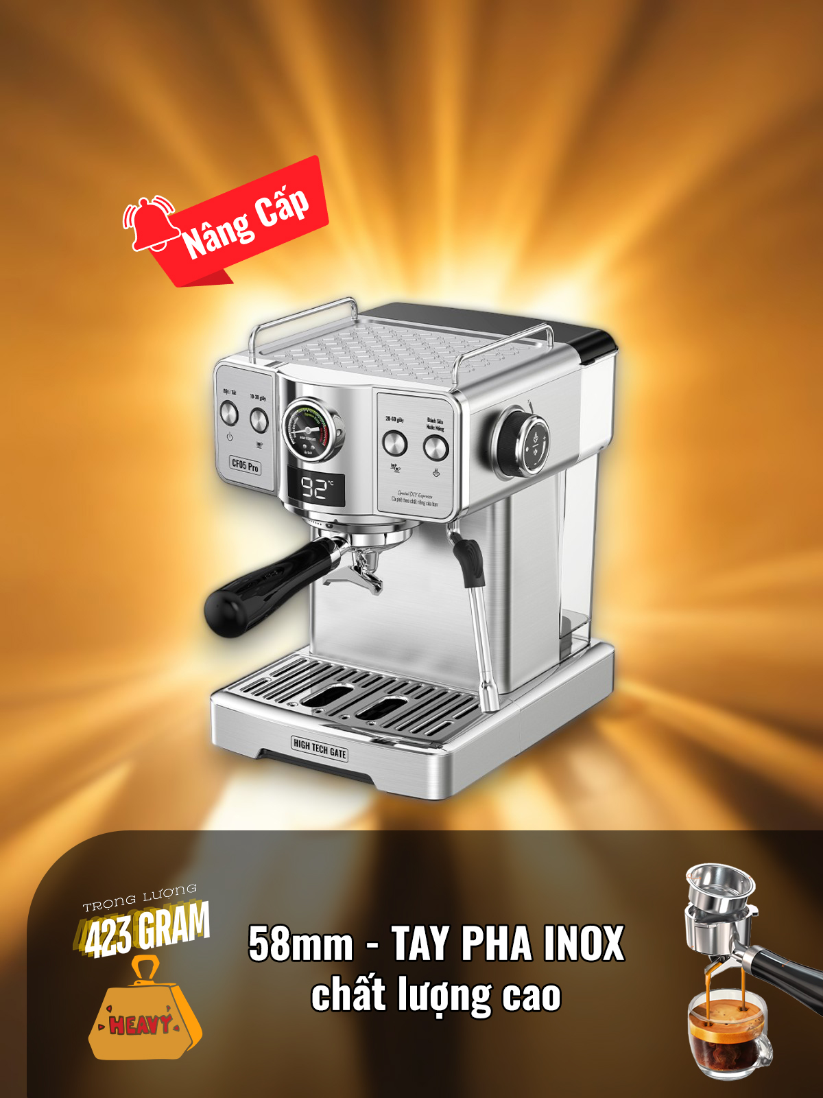 Máy Pha Cà Phê CF05 PRO – Tự Động Pha Espresso và Coldbrew, Họng 58mm, Tay Inox, Định Lượng ...