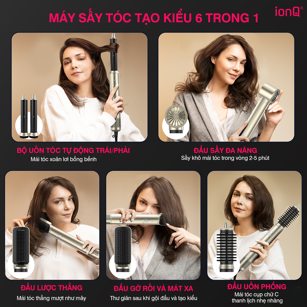 Máy sấy tóc ion âm tạo kiểu ionQ MultiStyle 6 trong 1 tốc độ cao nhanh khô bảo vệ tóc bóng mượt ...