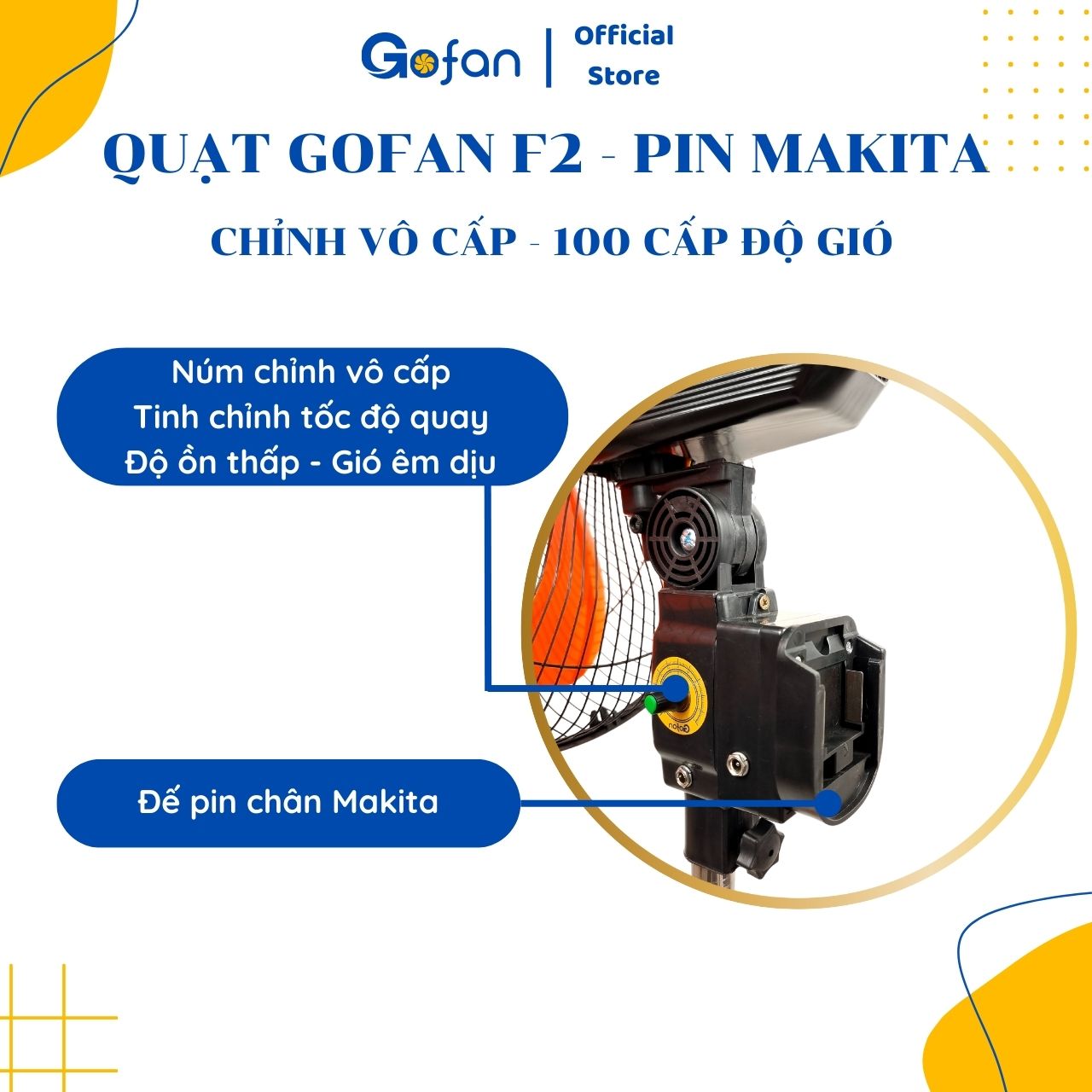 Quạt đứng GOFAN F2, gắn sẵn đế pin Makita, không chổi than 40W, cánh ...