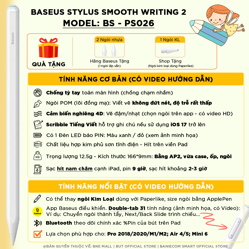 Bút cảm ứng Baseus Smooth Writing 2 PS025 PS010 PS011 PS001 PS003 PS026 PS052 Chống chạm Độ trễ ...