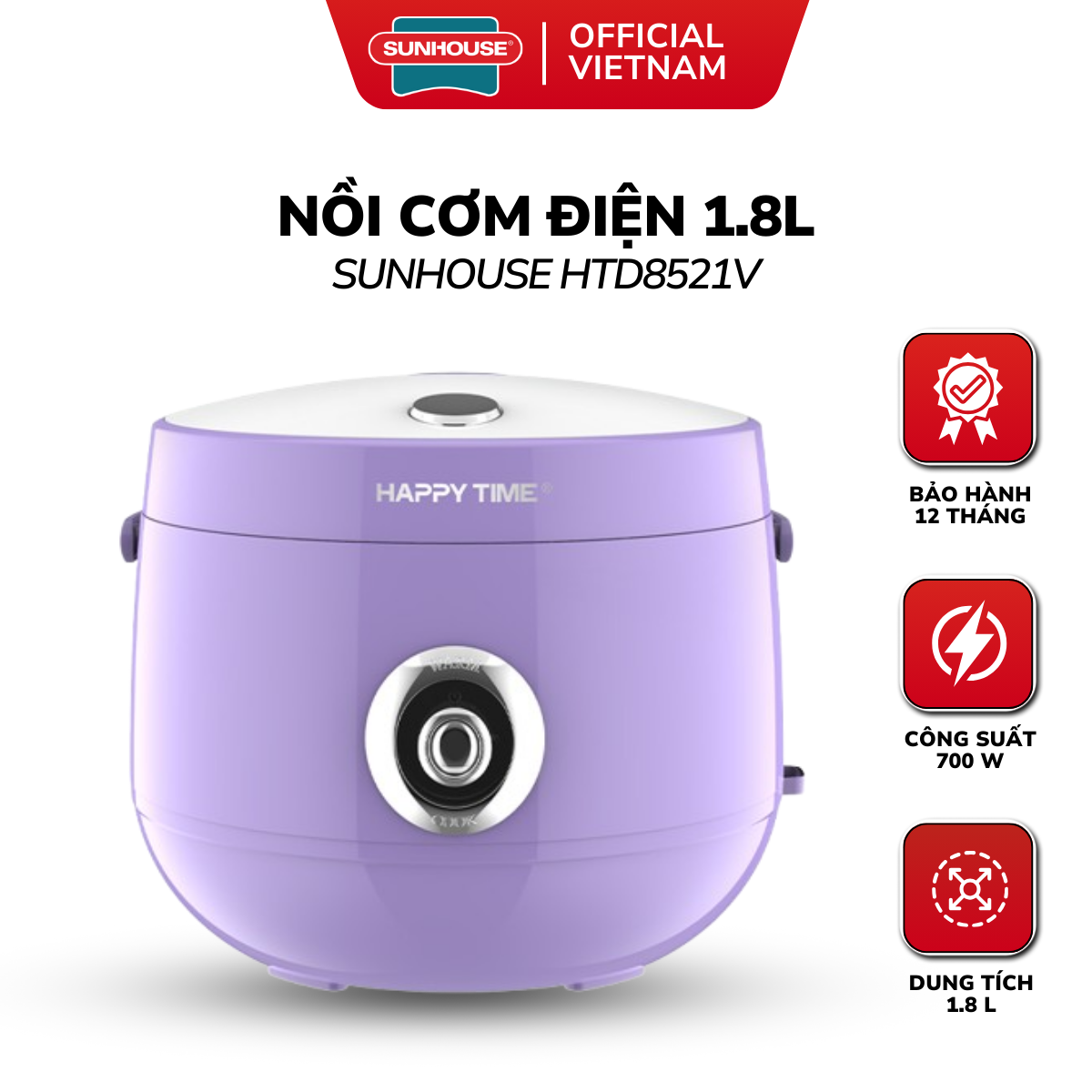 Nồi Cơm Điện 1.8L Sunhouse HTD8521 Happy Time Màu Tím và Ghi Xám ...