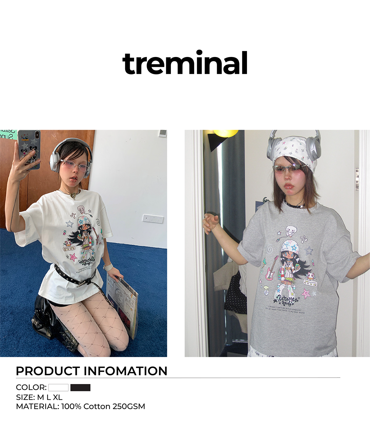 TREMINAL - Áo Thun Unisex Music Girl Form Oversize Vải Cotton Màu Trắng ...