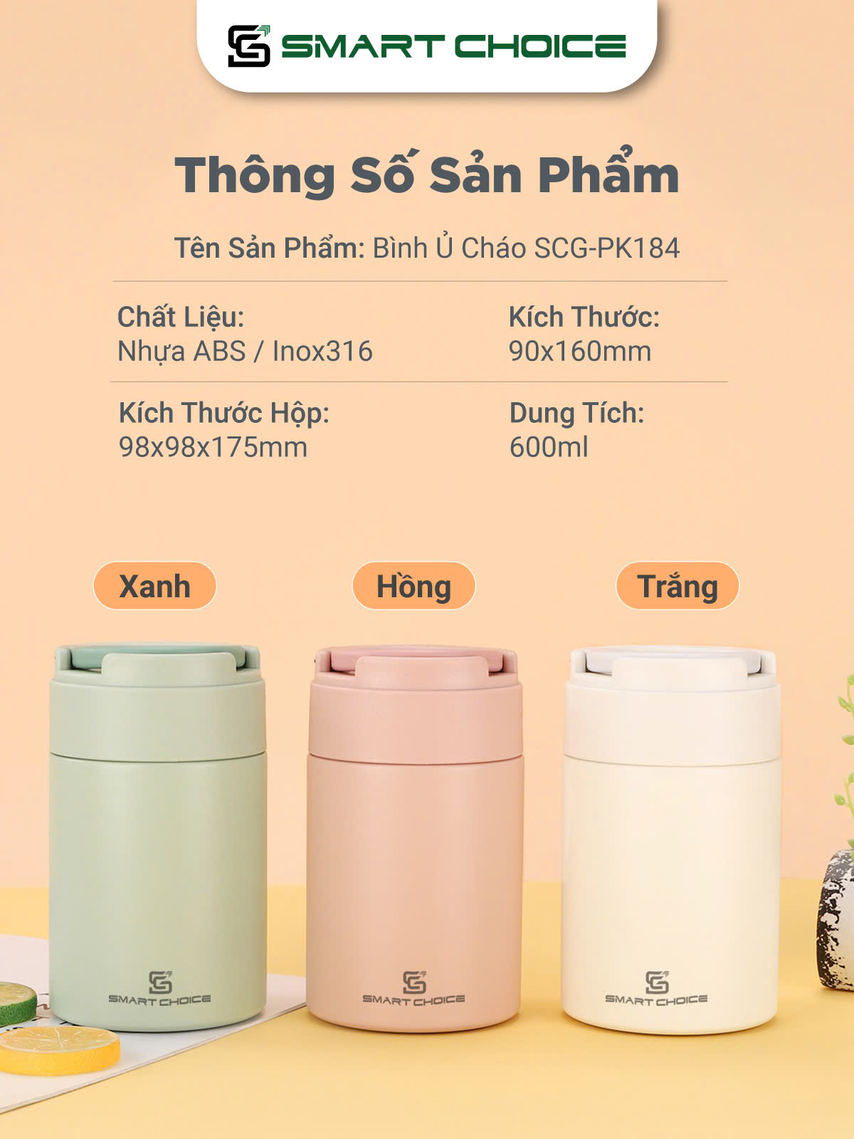 Bình Ủ Cháo SmartChoice SCG-PK184 Inox 316 Cao Cấp Giữ Nhiệt Tốt Kèm ...