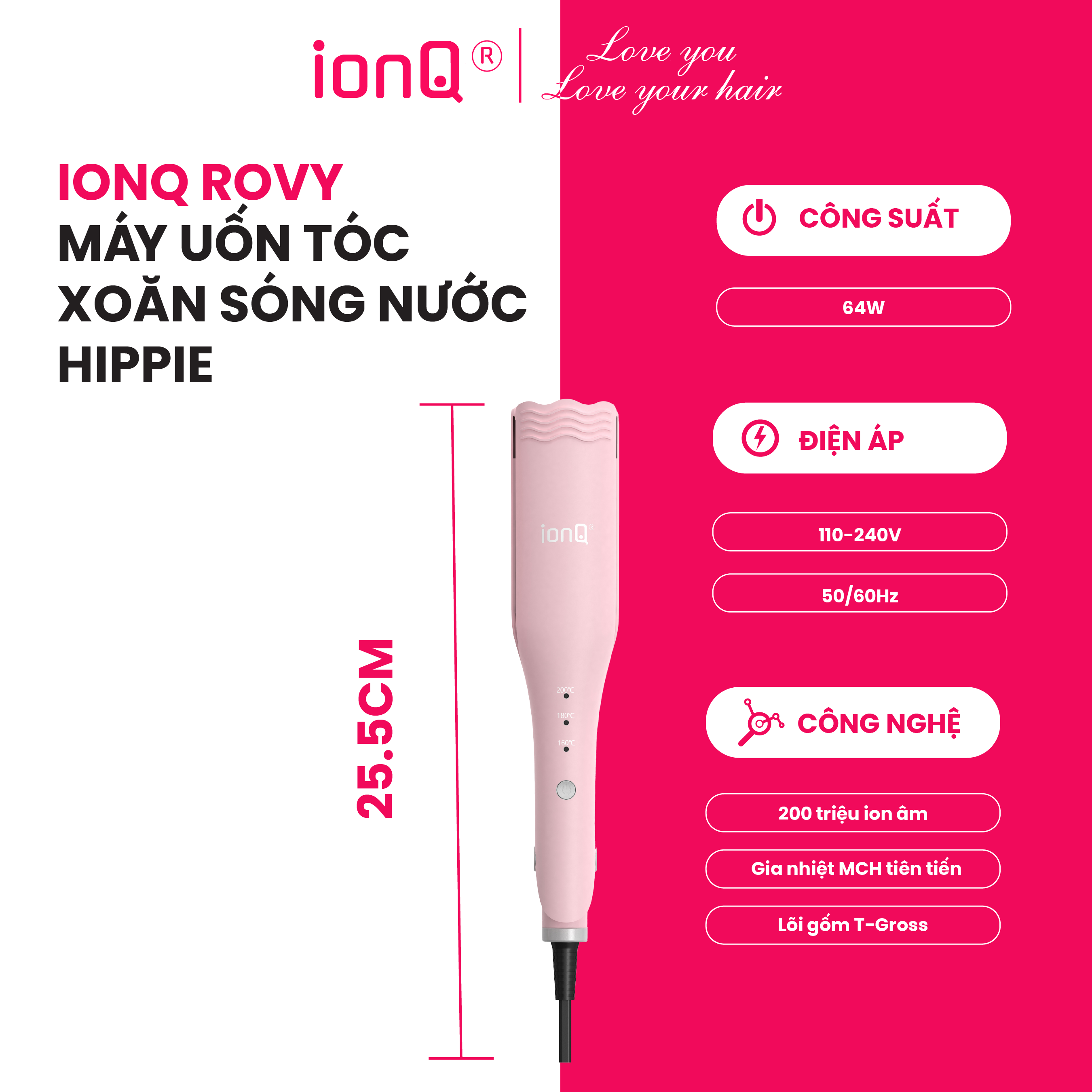 Combo Máy uốn tóc xoăn sóng nước Hippie ionQ Rovy và Lược điện chải tóc ionQ Silky 200 triệu ion ...
