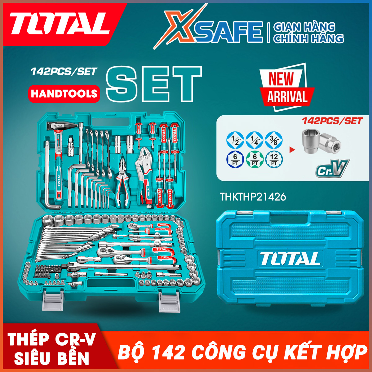 Bộ đồ nghề cầm tay 142 chi tiết TOTAL THKTHP21426 gồm 142 dụng cụ cầm tay thước cuộn, tua vít ...