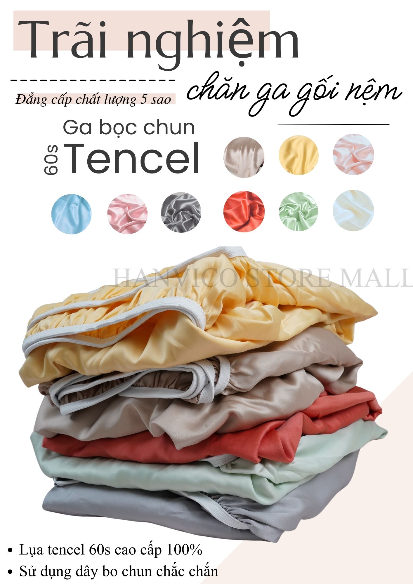 Ga giường Lụa Tencel 60s HANVICO cao cấp trơn màu, drap bo chun trải nệm 1m2x2m, 1m6x2m, 1m8x2m ...